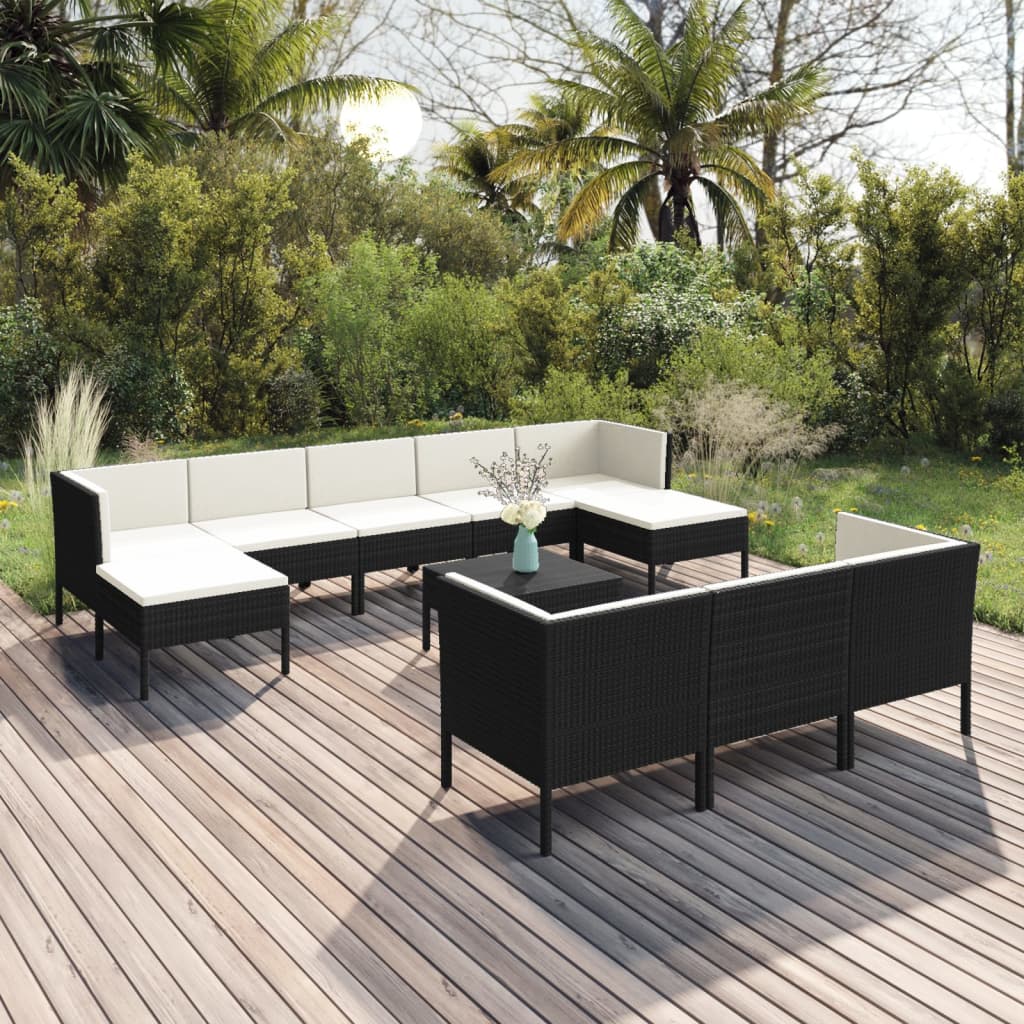 Set muebles de jardín 11 pzas y cojines ratán sintético negro | Leroy ...