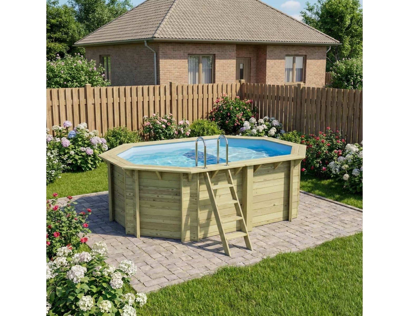 Piscina de madera NEMO 4.3 x 3 – H.1.31 m con playa, azul claro, sobre ...