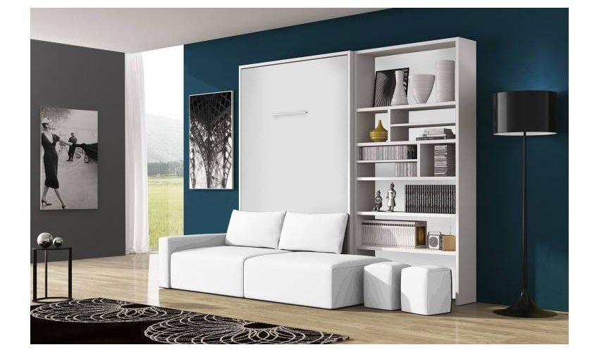 Lit escamotable 140x190 avec canapé et bibliothèque Moba-1 matelas ...