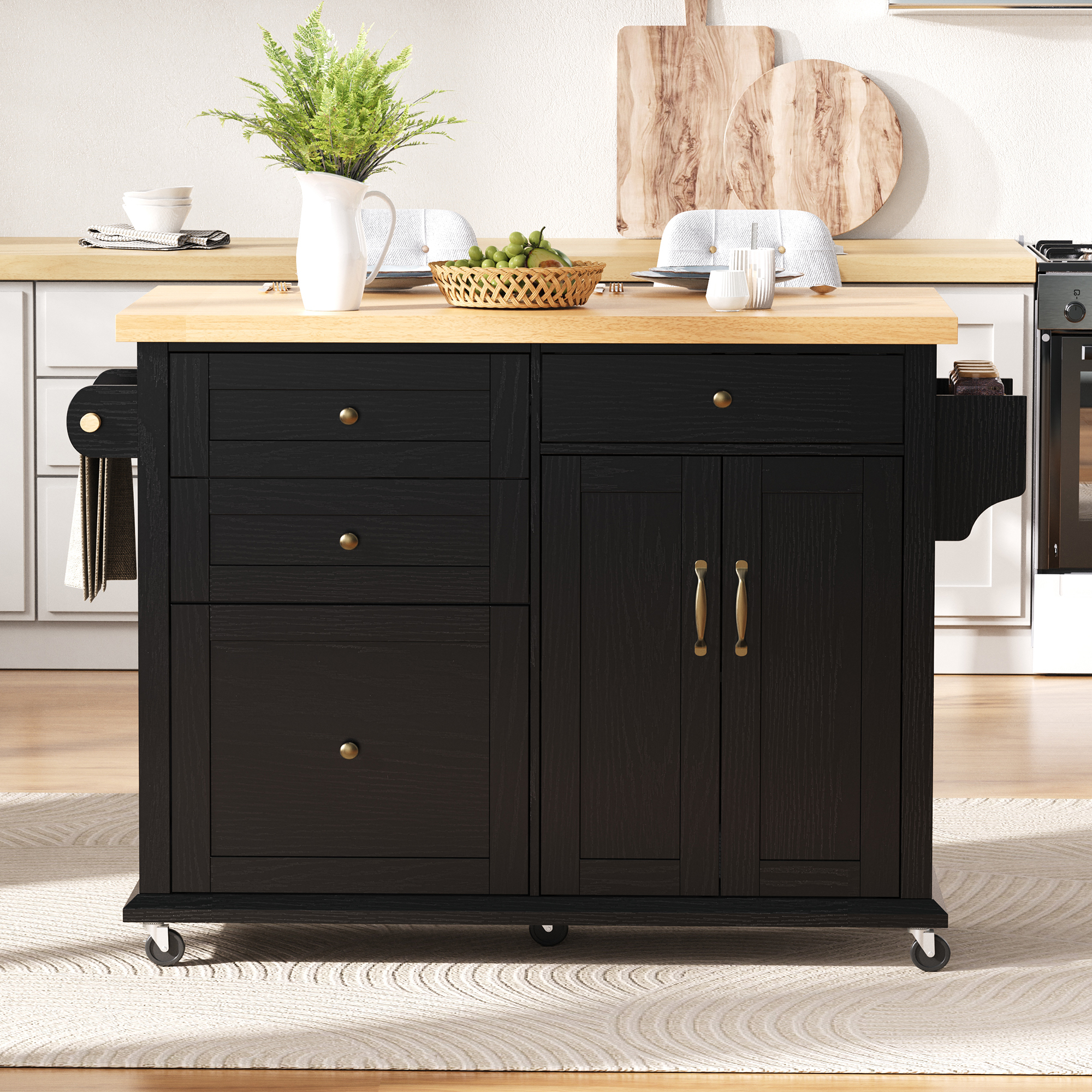 Îlot central de cuisine mobile avec 3 tiroirs et 3 portes - 107 x 45/70 ...