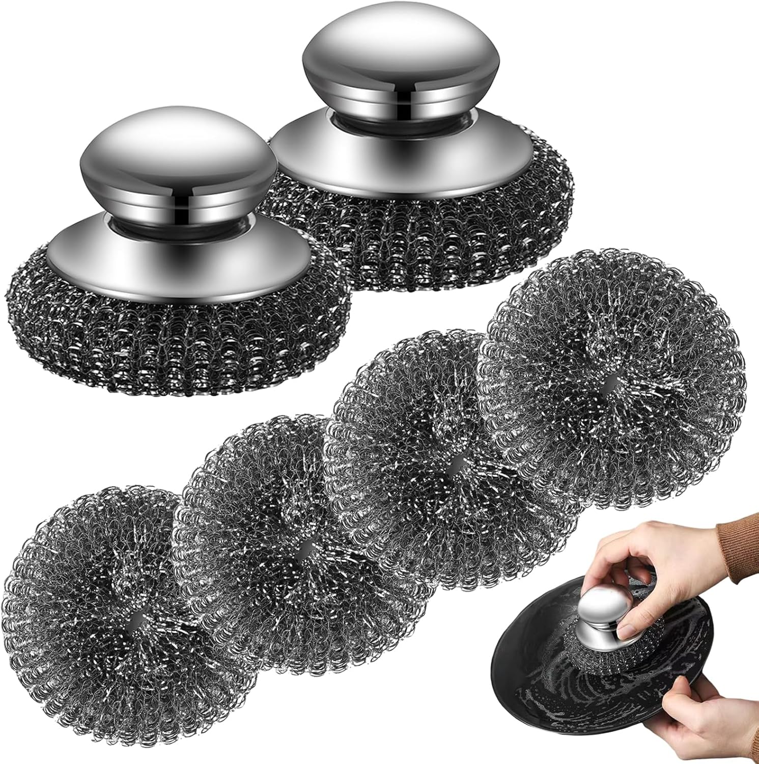 Stainless Steel Scouring Sponge with Handle and 4 Replacement Pads, 4 ...
