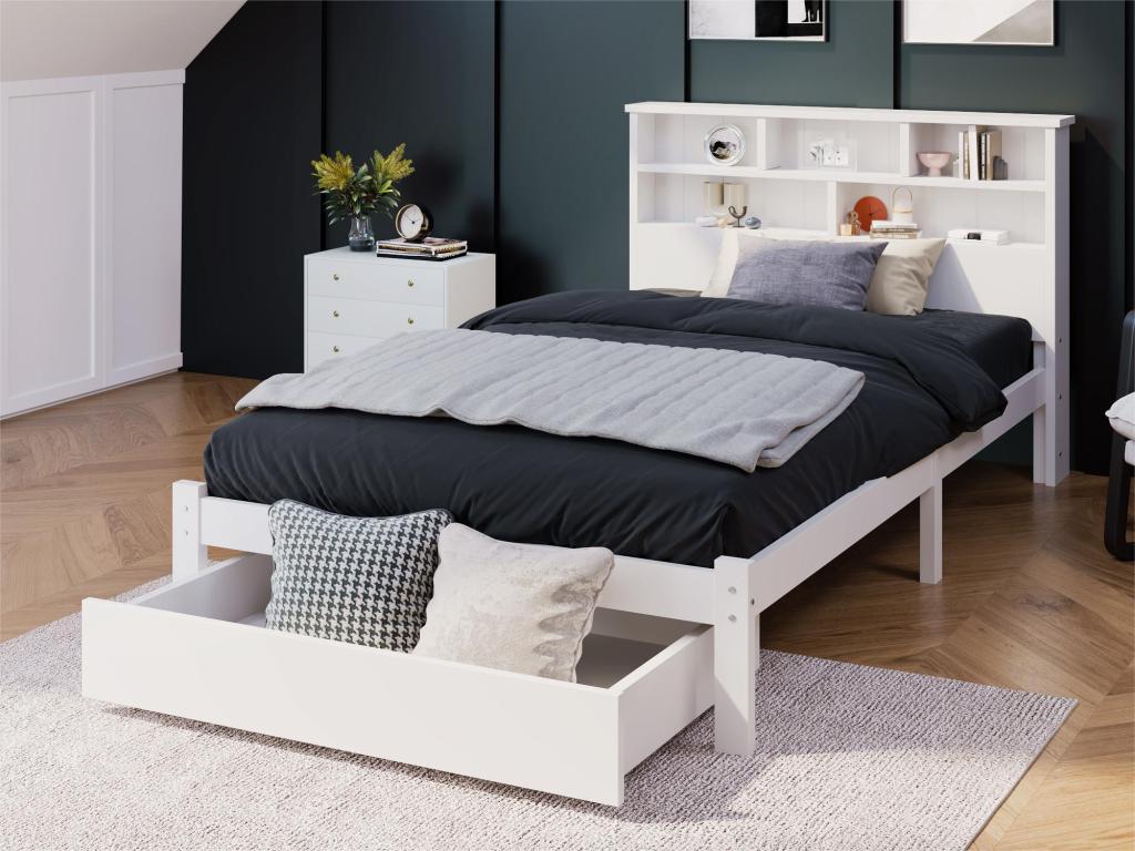 Lit adulte avec tête de rangement + tiroir + sommier à lattes ...