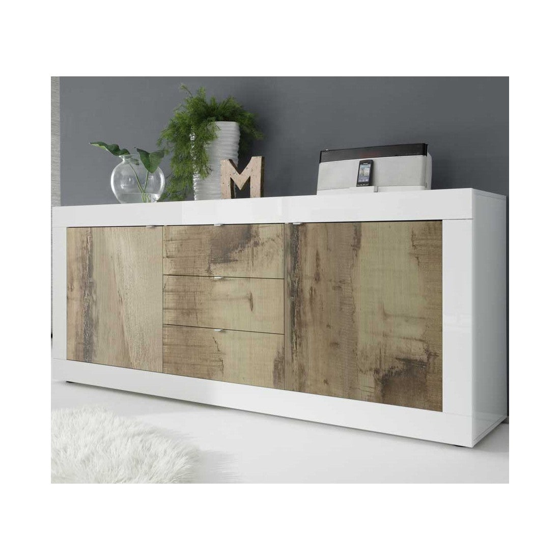 Buffet 2 portes 3 tiroirs Blanc/Planches bois - MATERA | Leroy Merlin