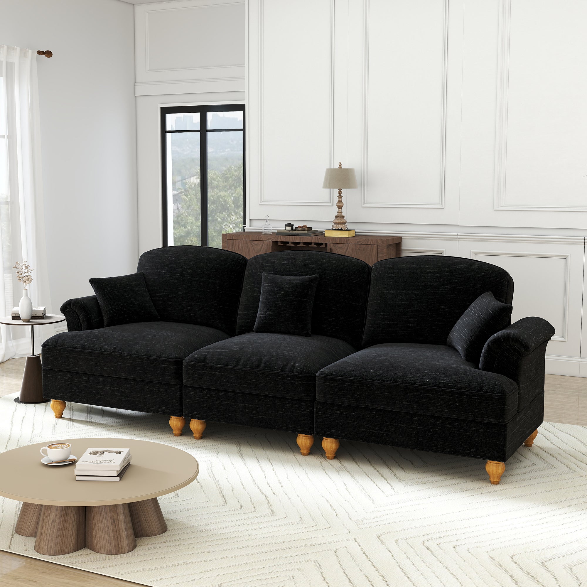 Canapé 3 places chenille noir style années 50 accoudoirs arrondis salon ...
