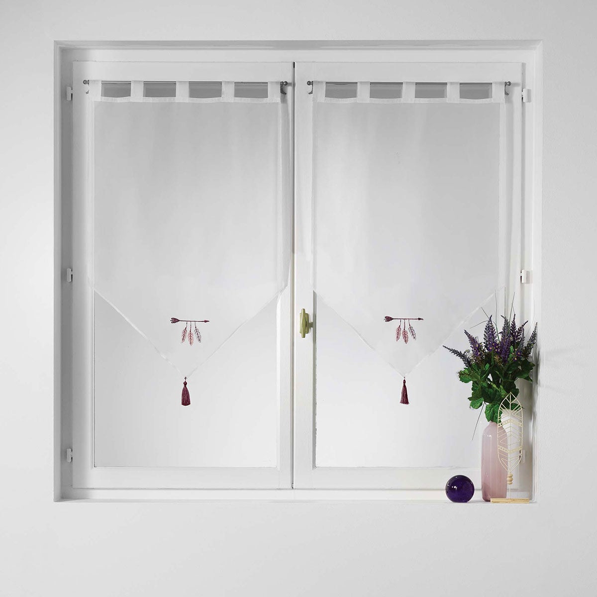 Paire de vitrages brodés à pompons - Blanc - 2 x 60 x 160 cm - Voile ...