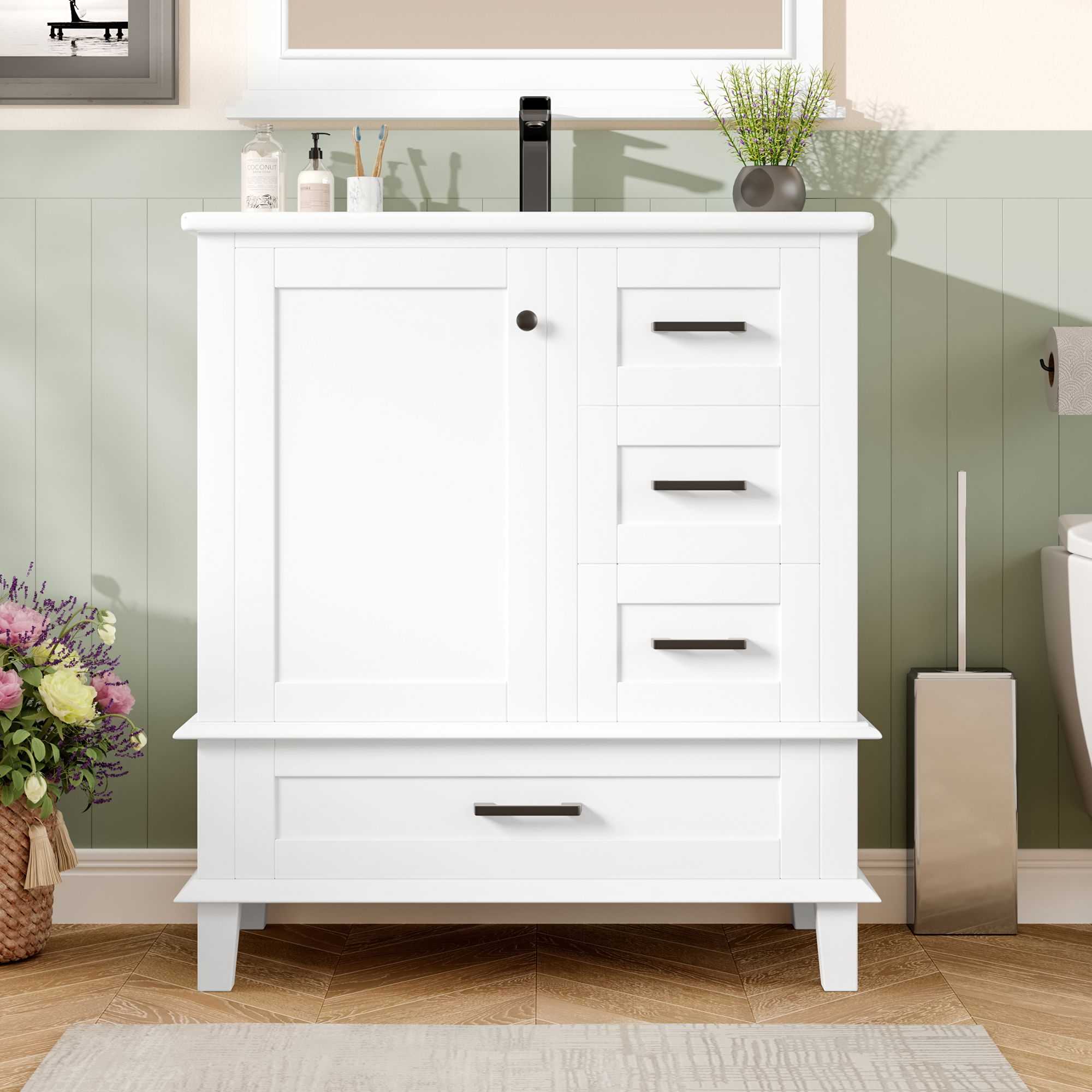 Mobile da bagno su piedini - con lavabo in ceramica - 1 anta e 3 ...