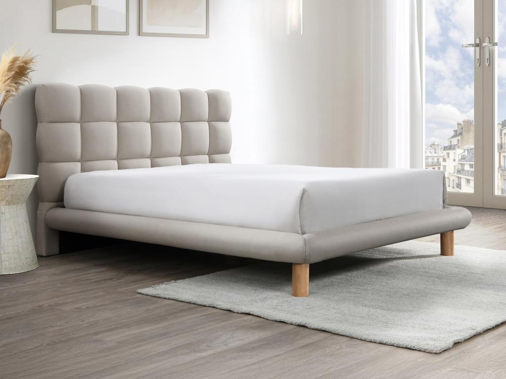 Cama con cabecero acolchado 140 x 190 cm - Tela - Beige + Colchón ...