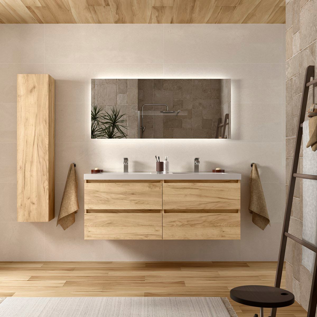 Meuble de salle de bain BEQUIA 140cm Chêne | Vasque Charge minérale ... Meuble de salle de bain BEQUIA 140cm Chêne | Vasque Charge minérale ...