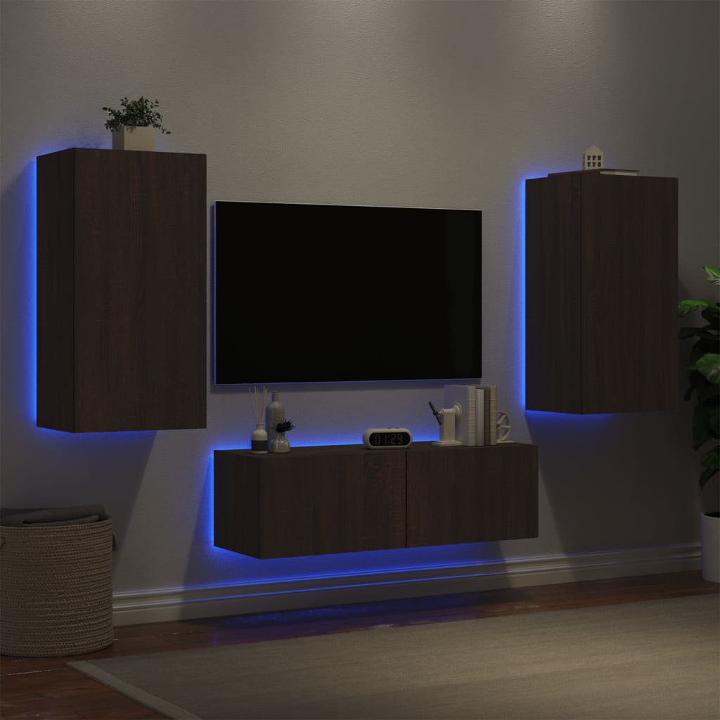 Maison Exclusive - Muebles de TV de pared con luces LED 3 piezas marrón ...