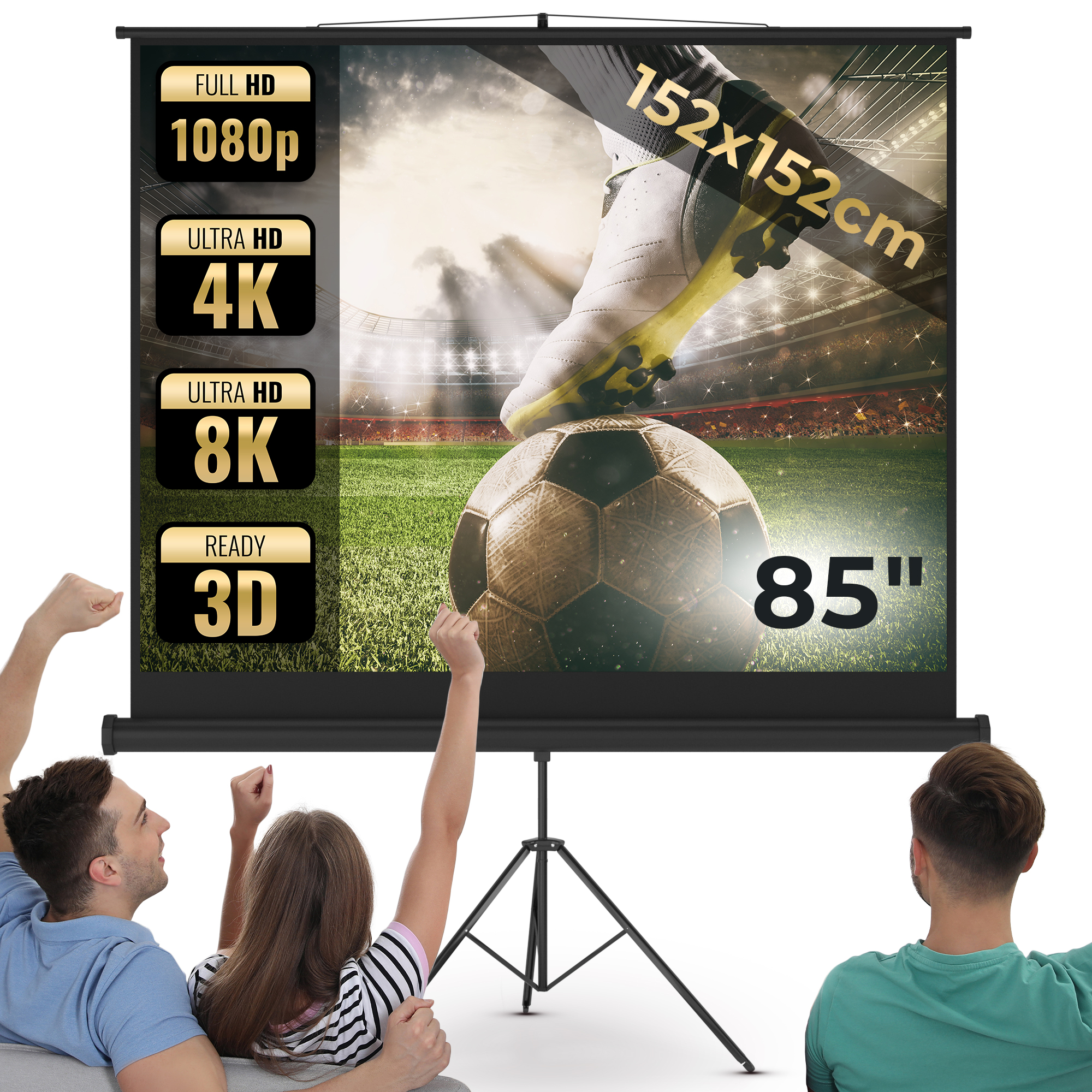 Jago® Ecran Projection - avec Trépied, 152x152cm, 1:1/4:3/16:9, HD 4K 3D, 85″, Manuel Extensible ...