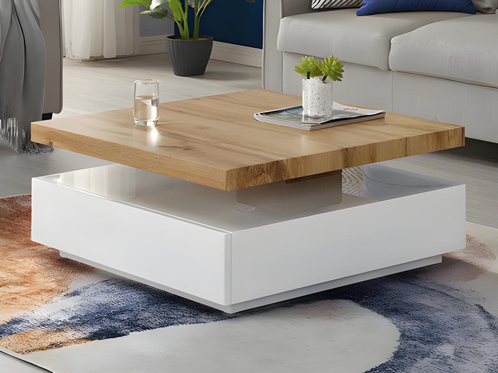 Table basse pivotante avec 1 tiroir en MDF - Blanc et Naturel - KYRIA ...