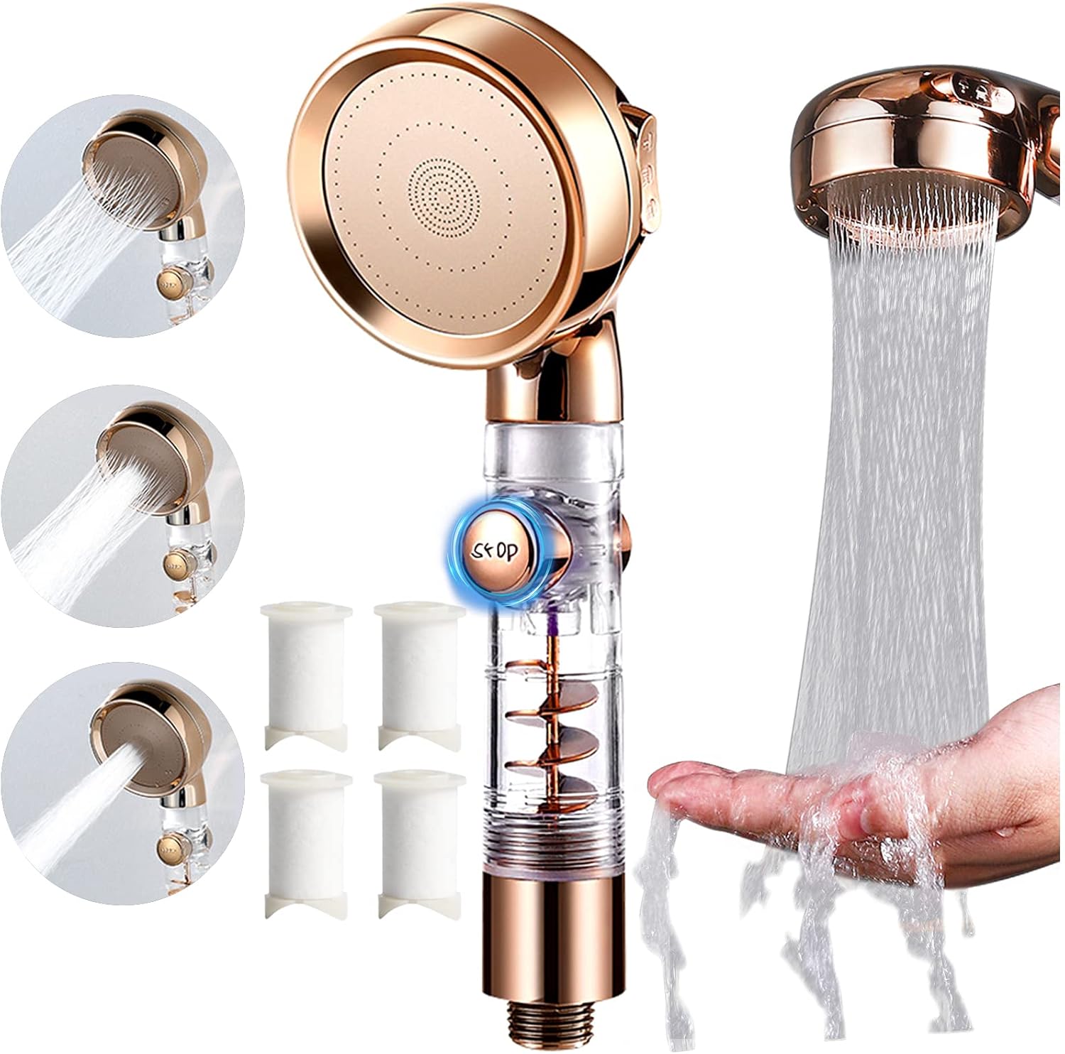 Pommeau de douche turbo à 3 modes, haute pression avec 4 filtres, bouton d'arrêt d'eau, design ...