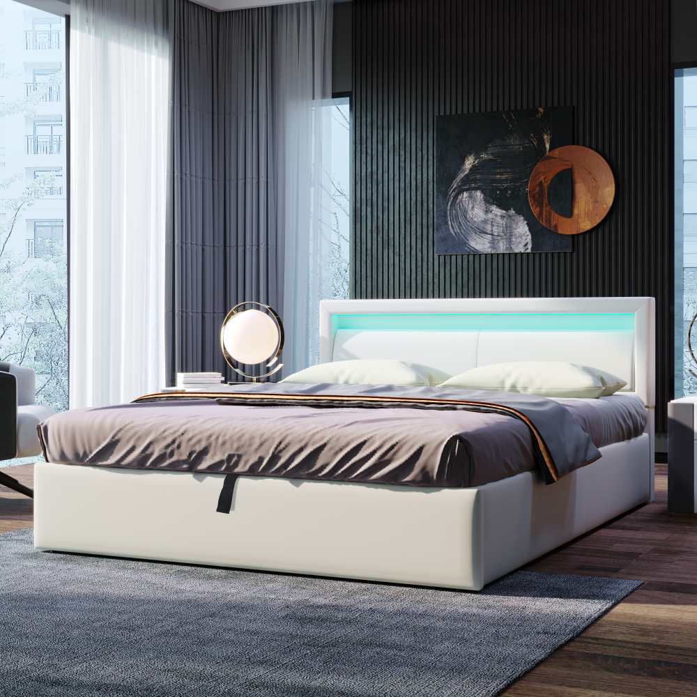 Cama Tapizada LED 140x200cm con Somier y Almacenamiento, Cabecera ...