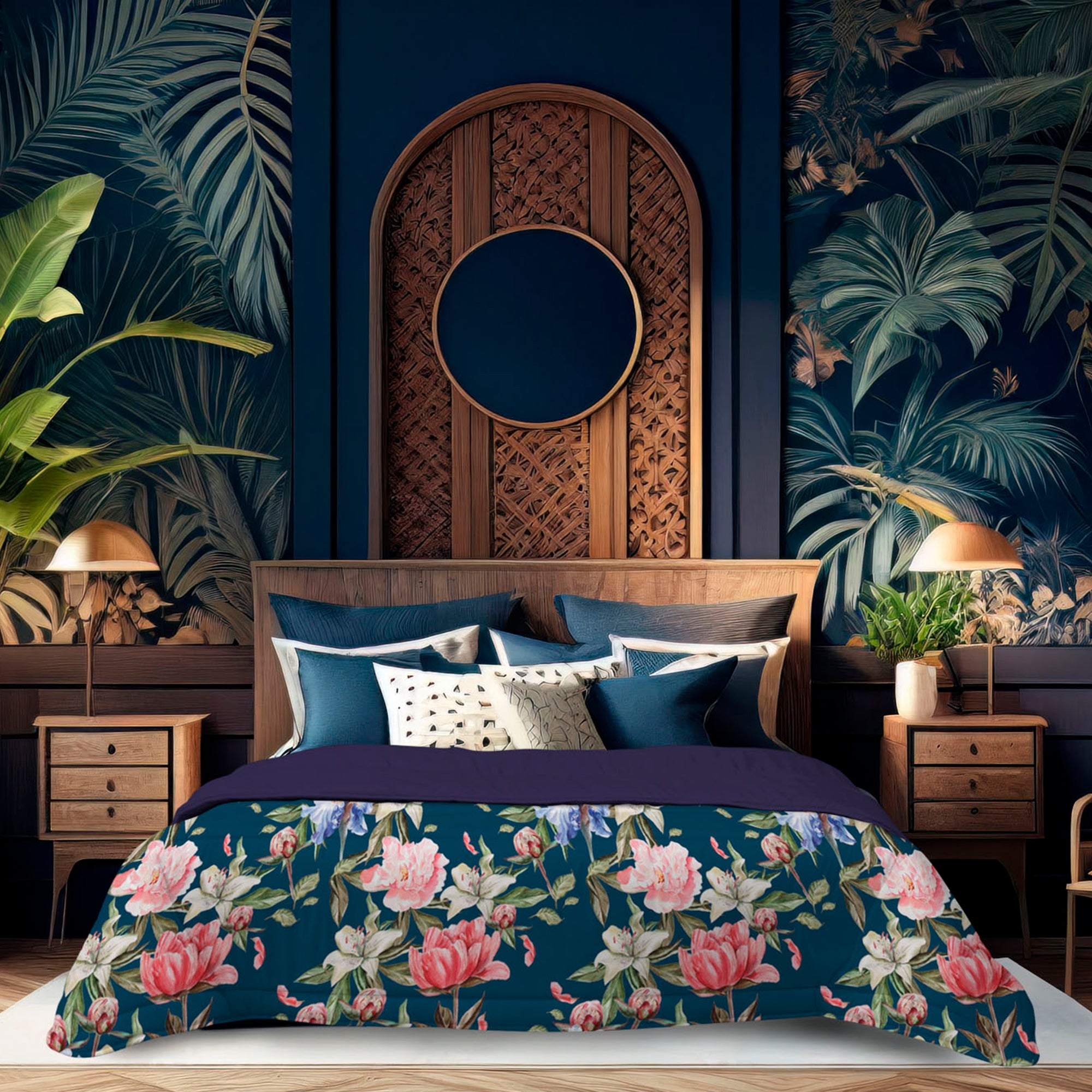 TRAPUNTA INVERNALE VELLUTO LETTO MATRIMONIALE DIS.FLOWERS PEONIE BLU ...