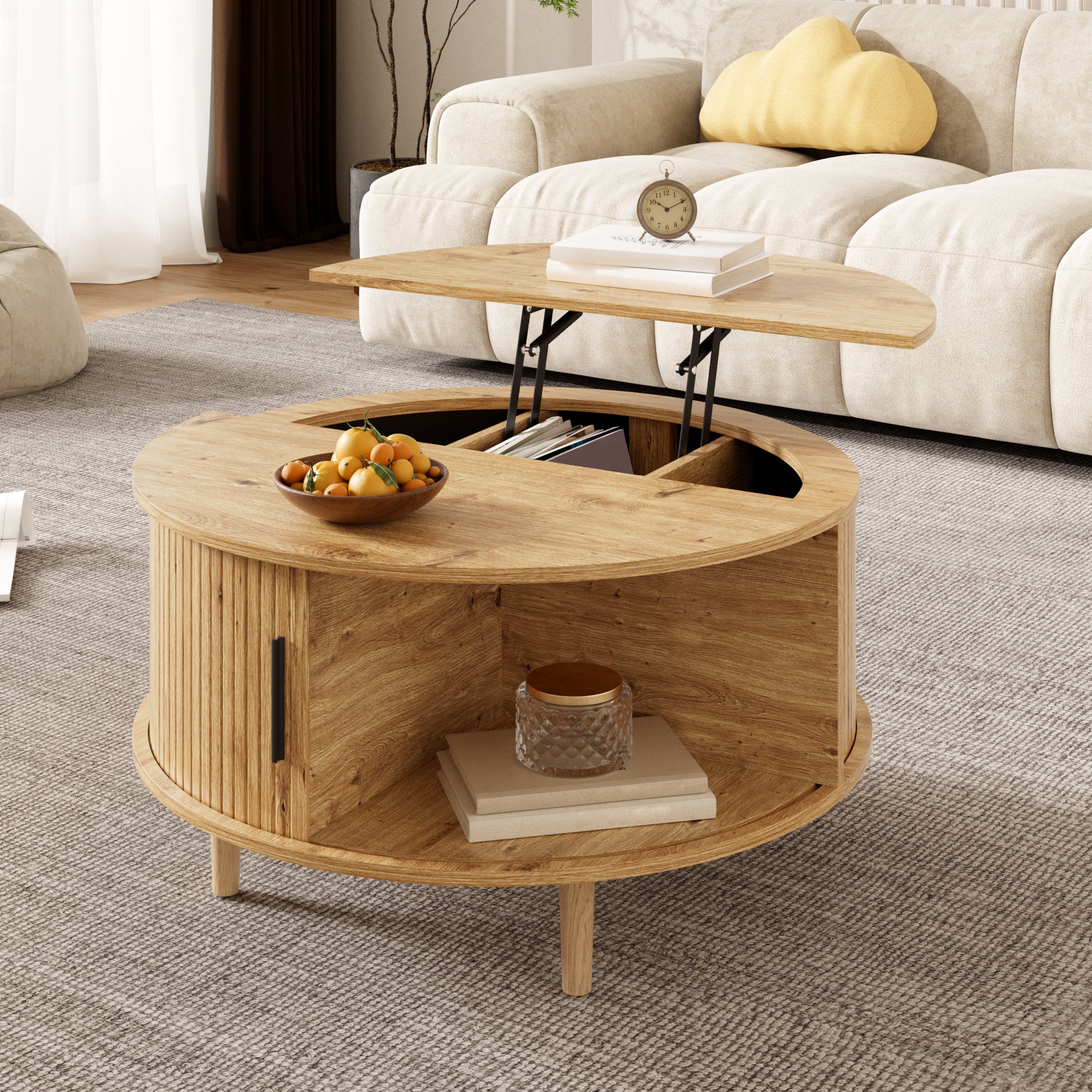Mesa de Centro Redonda 80x80x59 cm, Tapa Elevable, Puerta Corredera ...
