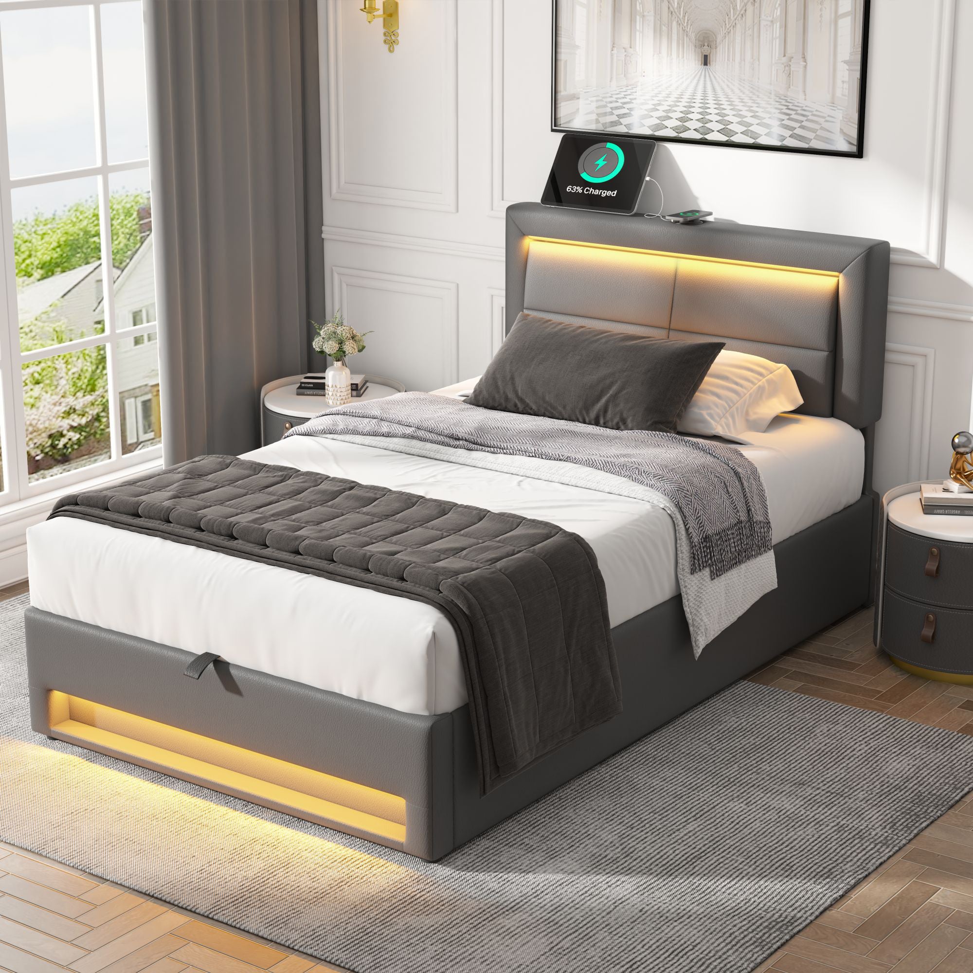 Lit rembourré 90 x 200 cm, avec port USB (charge sans fil et filaire ...