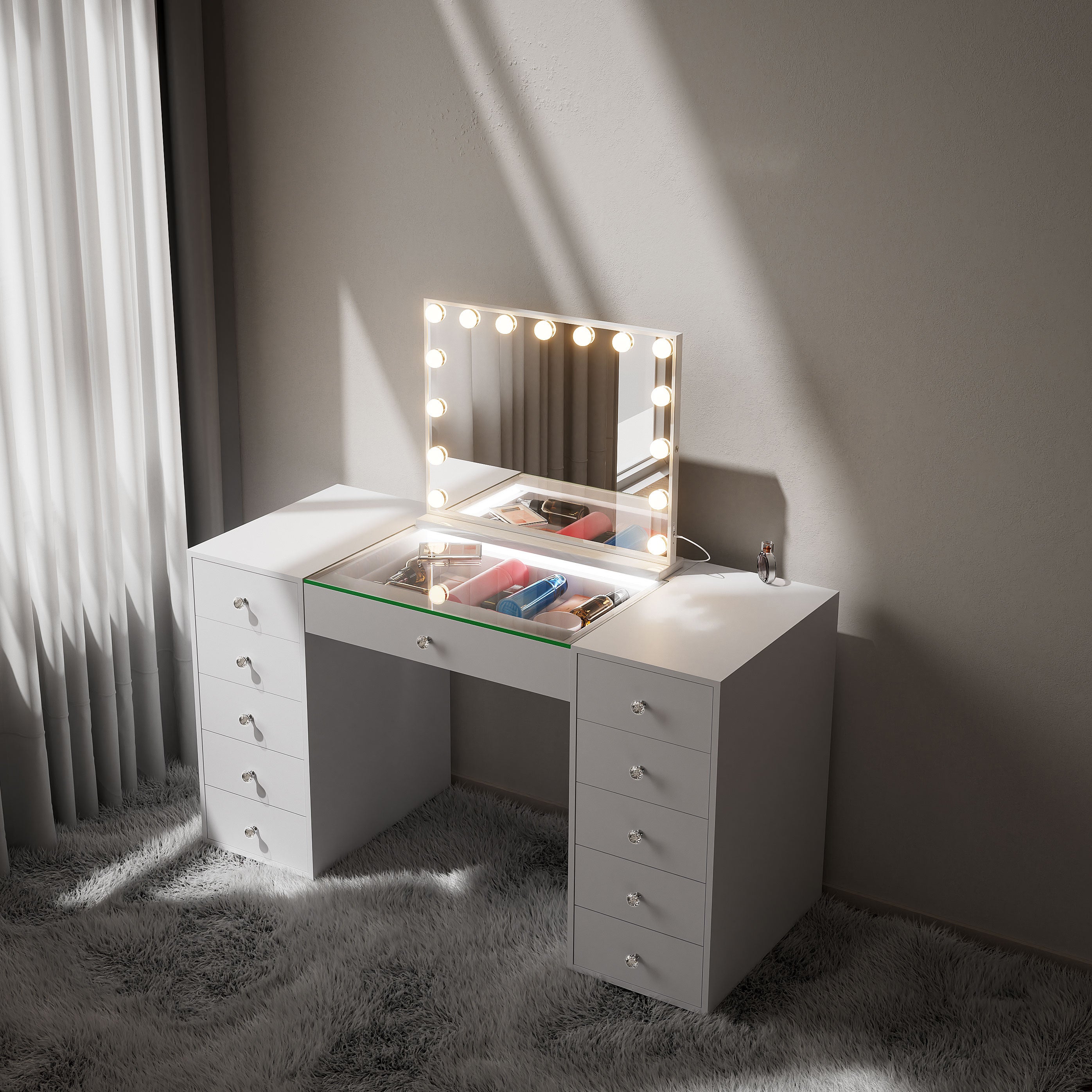 Coiffeuse Verre LED Intégrée avec Miroir, 11 Tiroirs - 130 x 55 cm ...