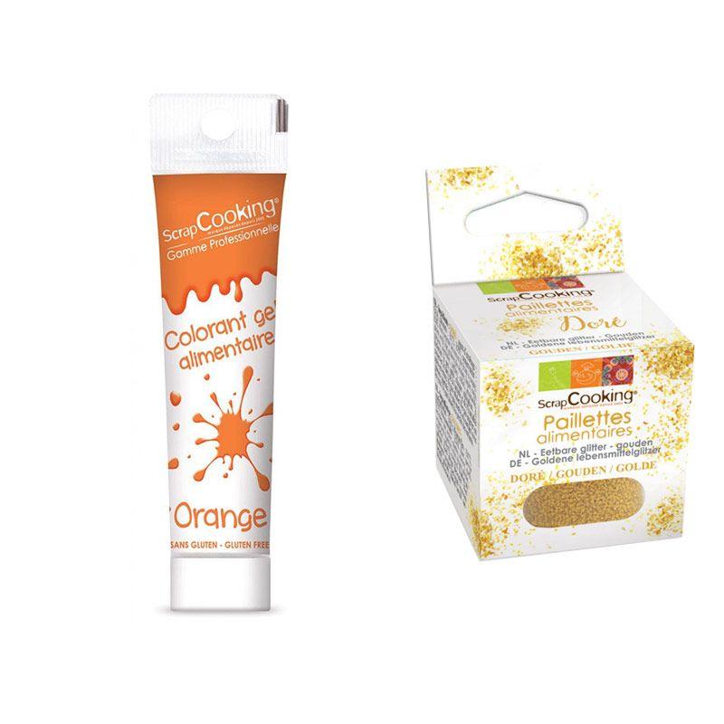 Gel colorante comestible naranja 20 g + Brillo dorado comestible ...