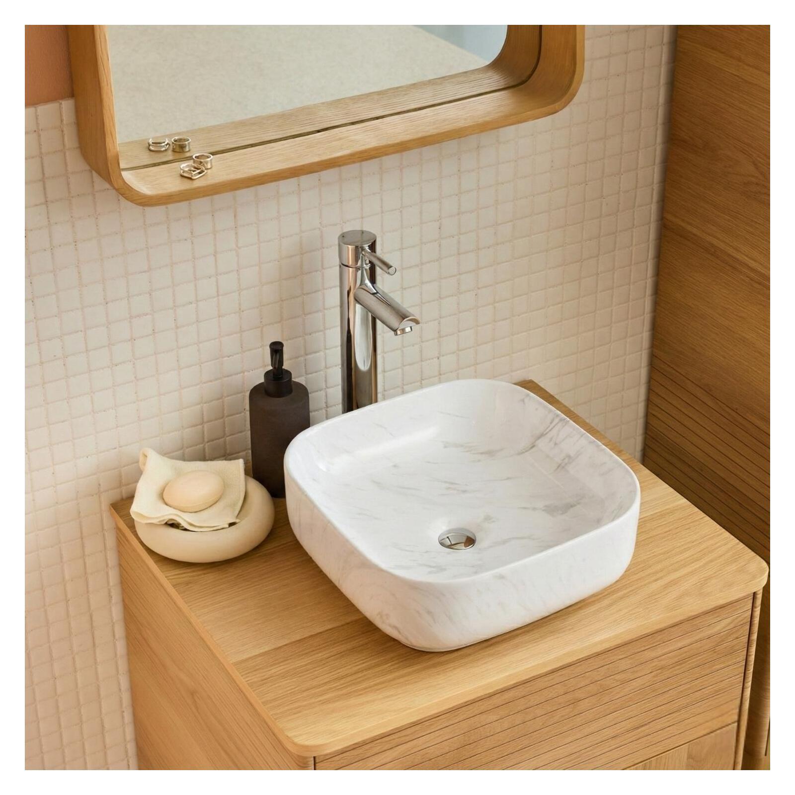 Lavabo sobre encimera cuadrado DIANE de 37 cm en cerámica efecto mármol ...