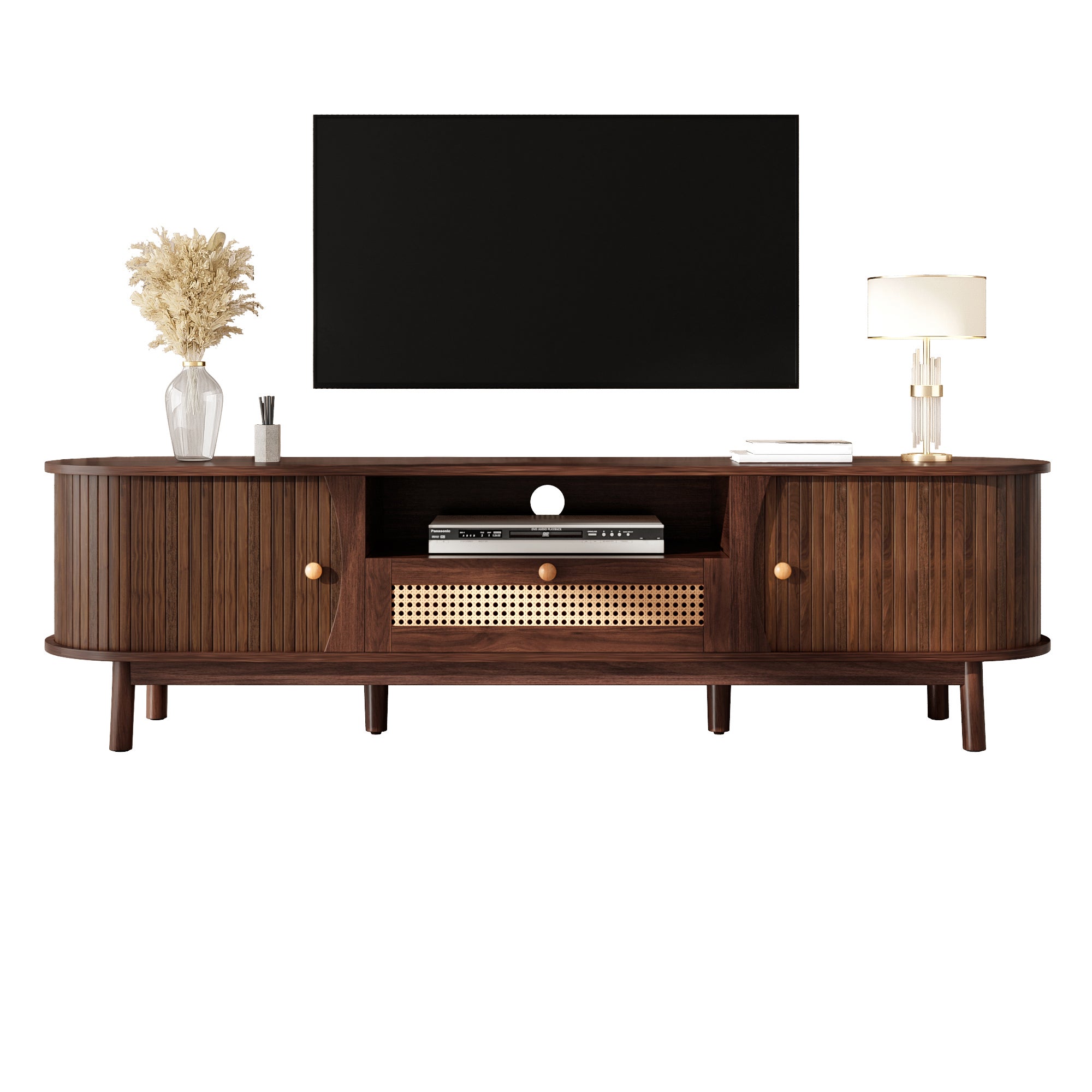 Meuble TV moderne avec 2 portes coulissantes, 1 tiroir en rotin et 1 ...