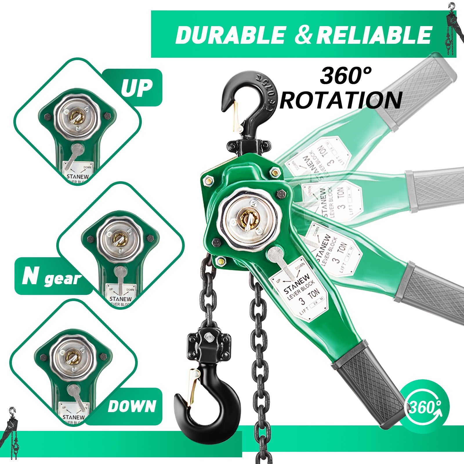 STANEW Palan à Levier Manuel 3t, Hauteur de Levage 2.8m, Chaîne G80 en ...