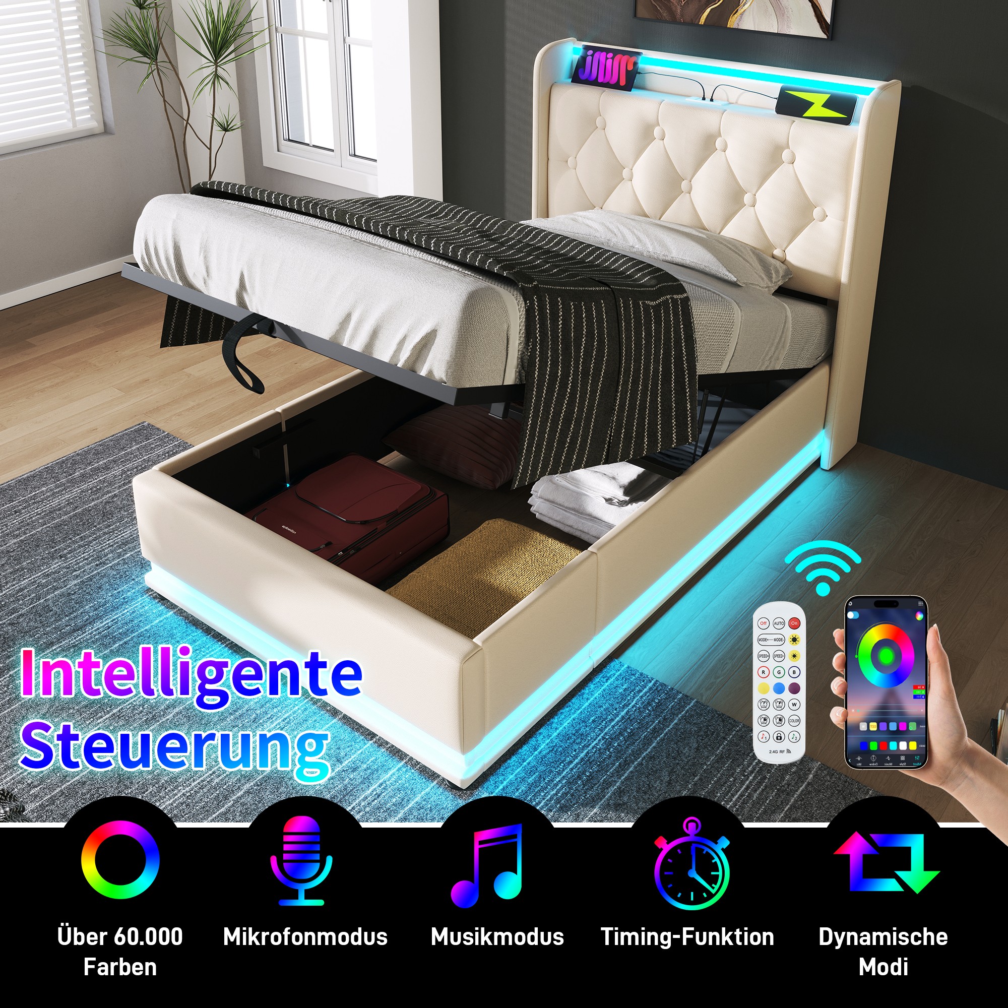 Cama para adultos, cama individual tapizada de 90*200 cm, función LED ...