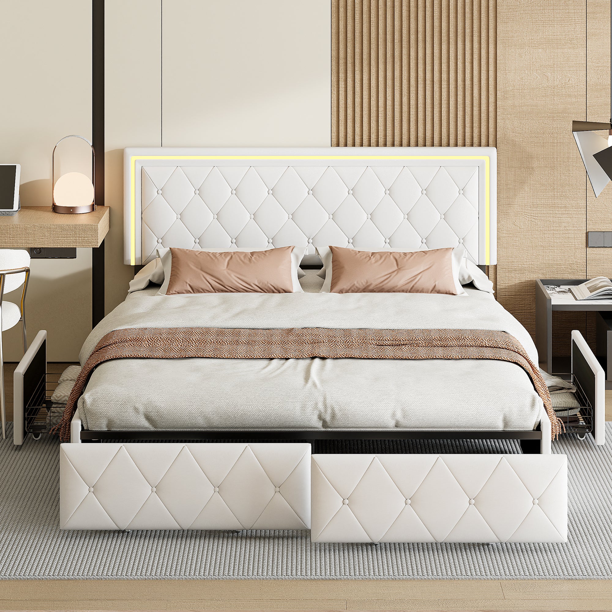 Lit 160x200cm avec LED tête de lit relevable, Lit capitonné avec 4 ...