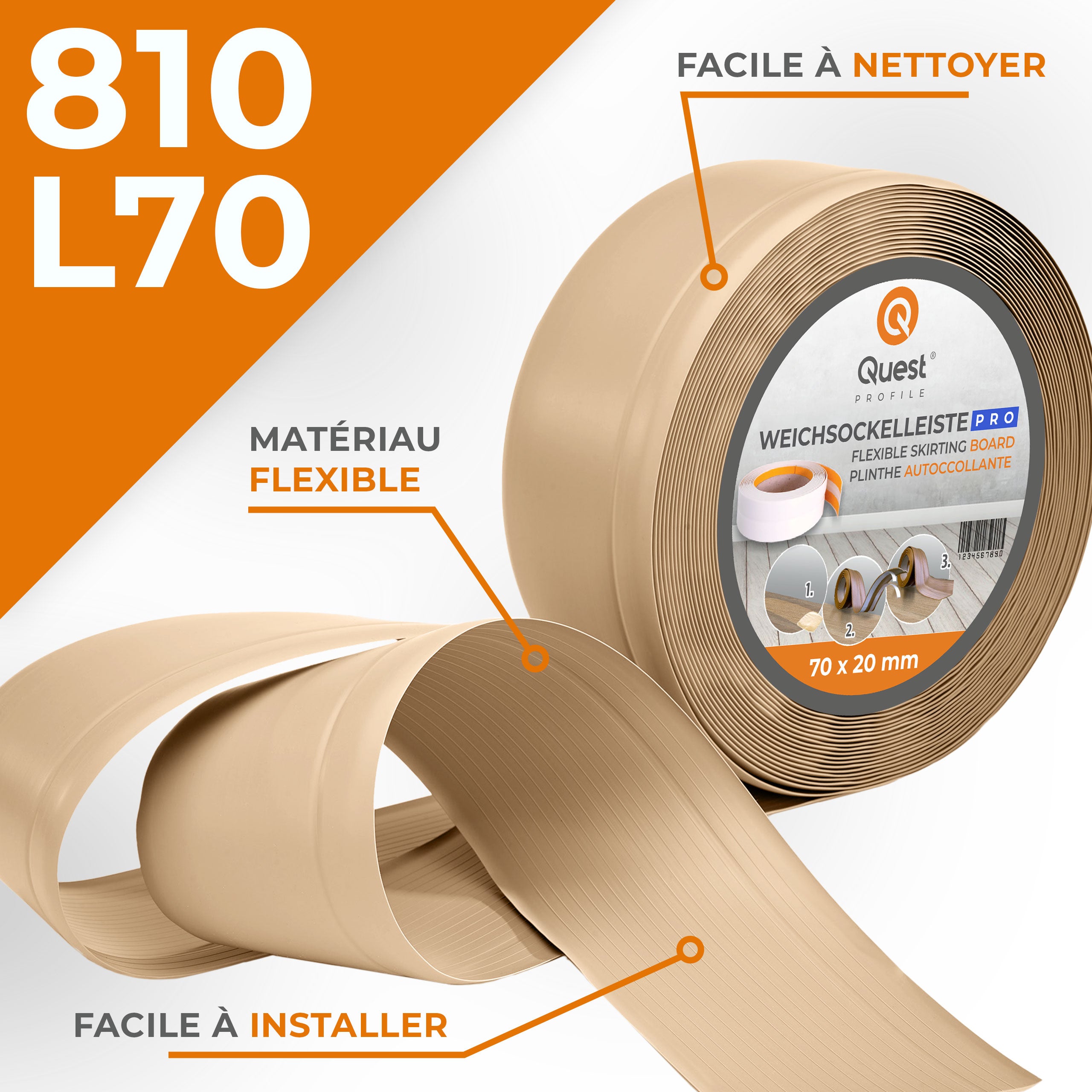 QUEST Plinthe en PVC Flexible 70x20mm, 20m, Plinthe Souple et Élastique ...