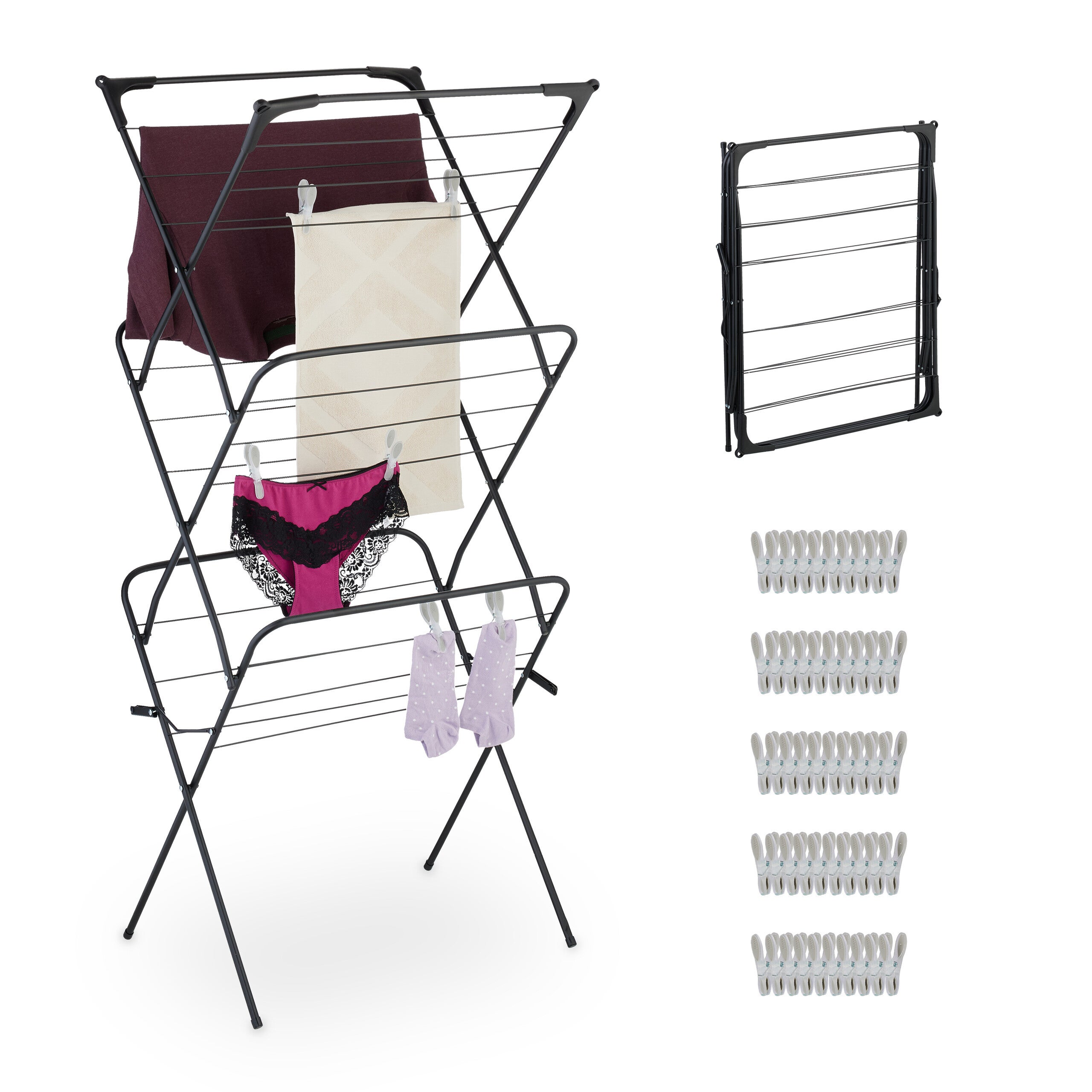 Relaxdays Séchoir à linge pliable, HLP : 138x63x49, 3 niveaux, étendoir ...