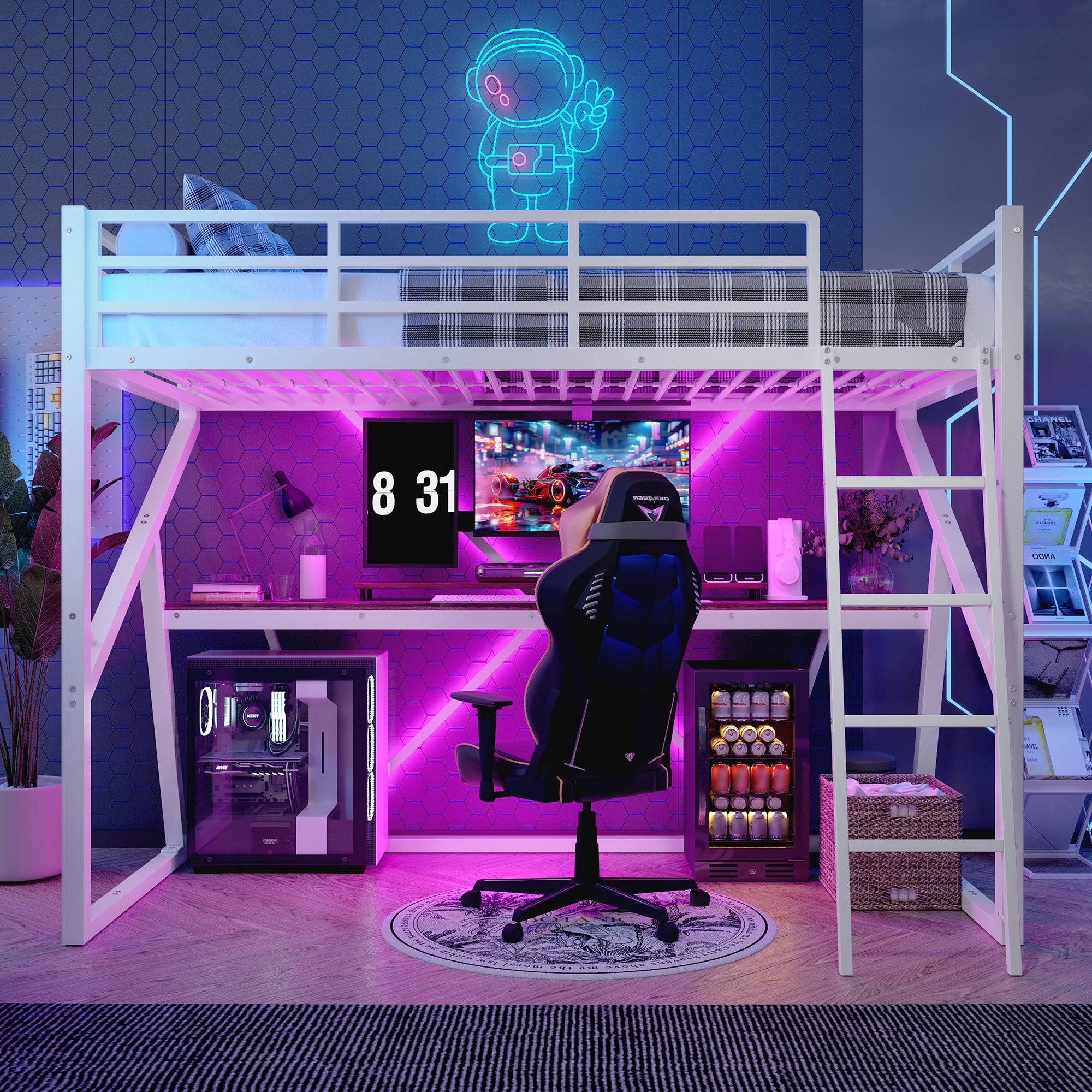 Lit mezzanine 90x200cm - structure en fer - avec éclairage LED - avec ...