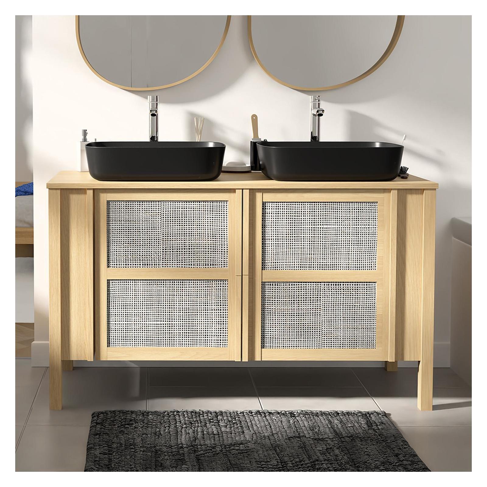 Meuble double vasque 130cm chêne NESTO portes cannages + vasque | Leroy ...