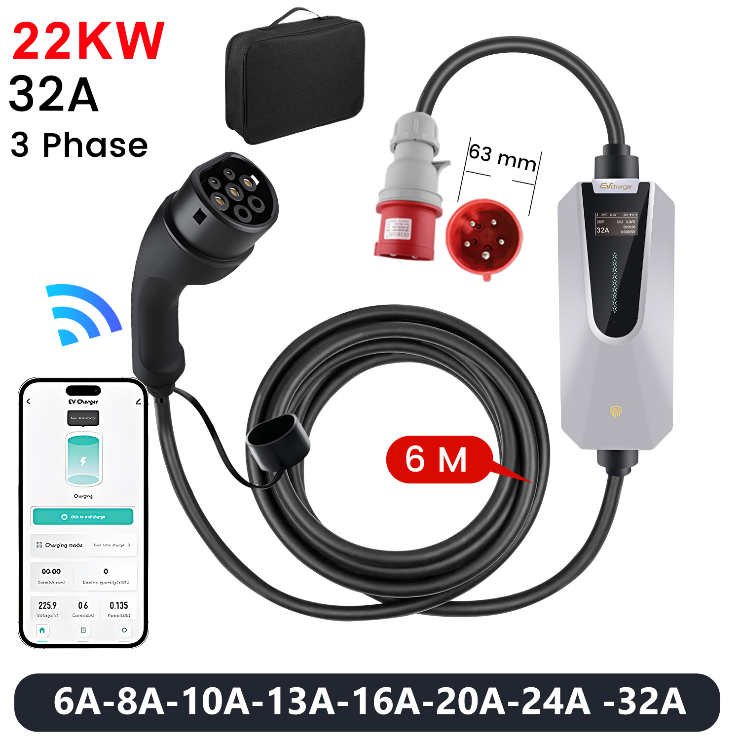 AWESAFE Chargeur Voiture Électrique Portable 22 kW 32A Type 2 ...