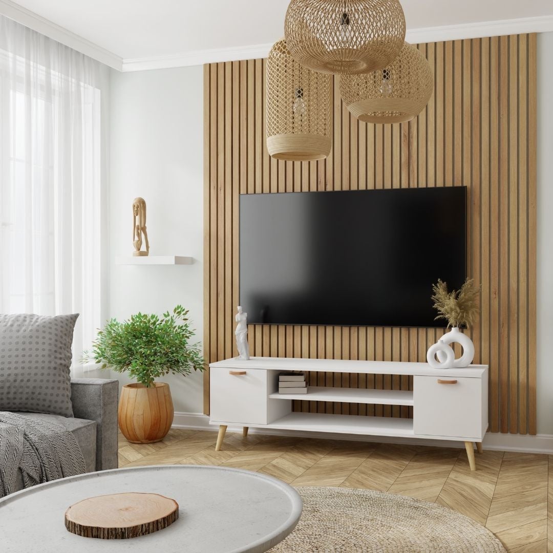 Meuble TV 135 cm blanc – Style scandinave avec étagère centrale et 2 ...