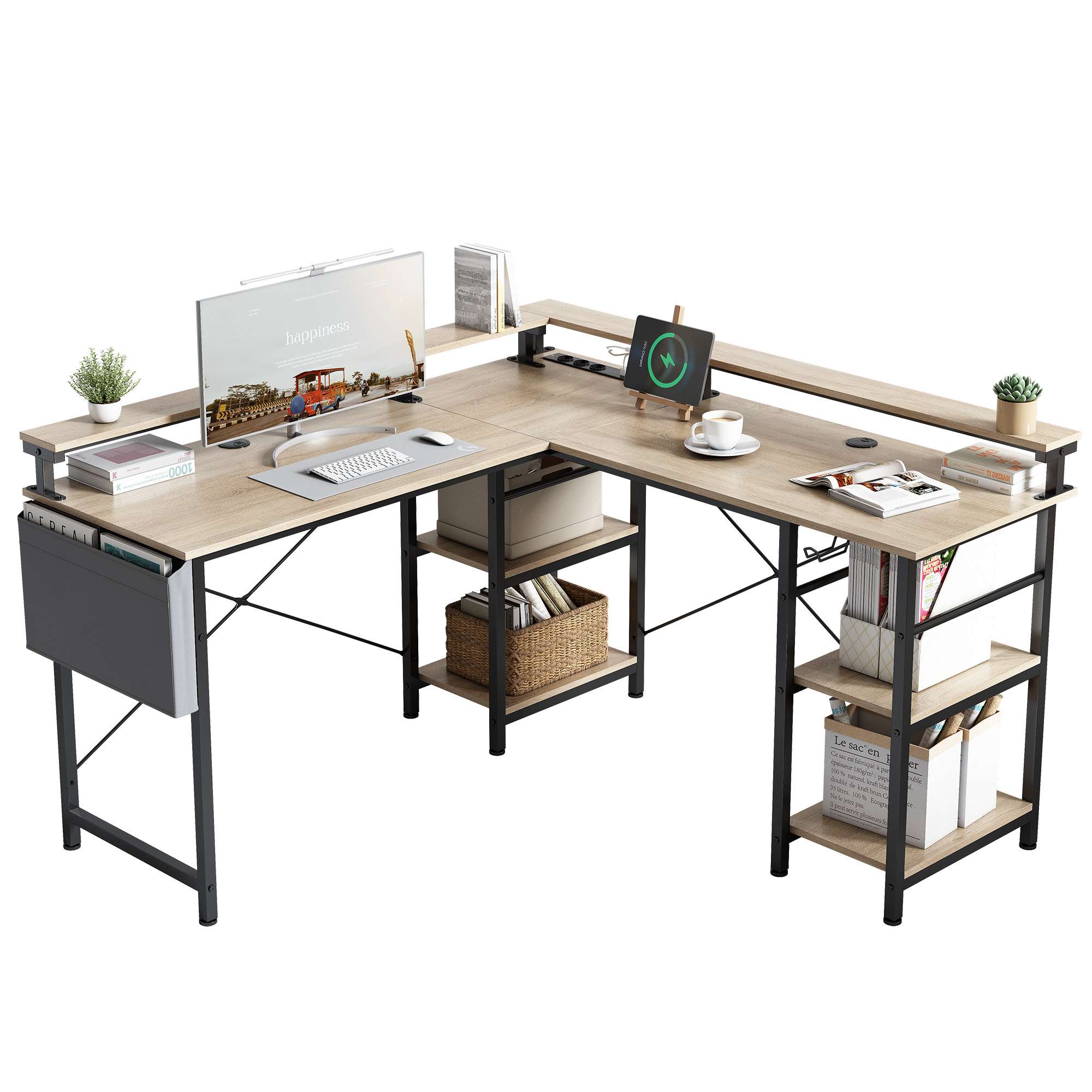 Bureau Gaming L-Shaped avec LED, Prises Intégrées, 4 Étagères ...