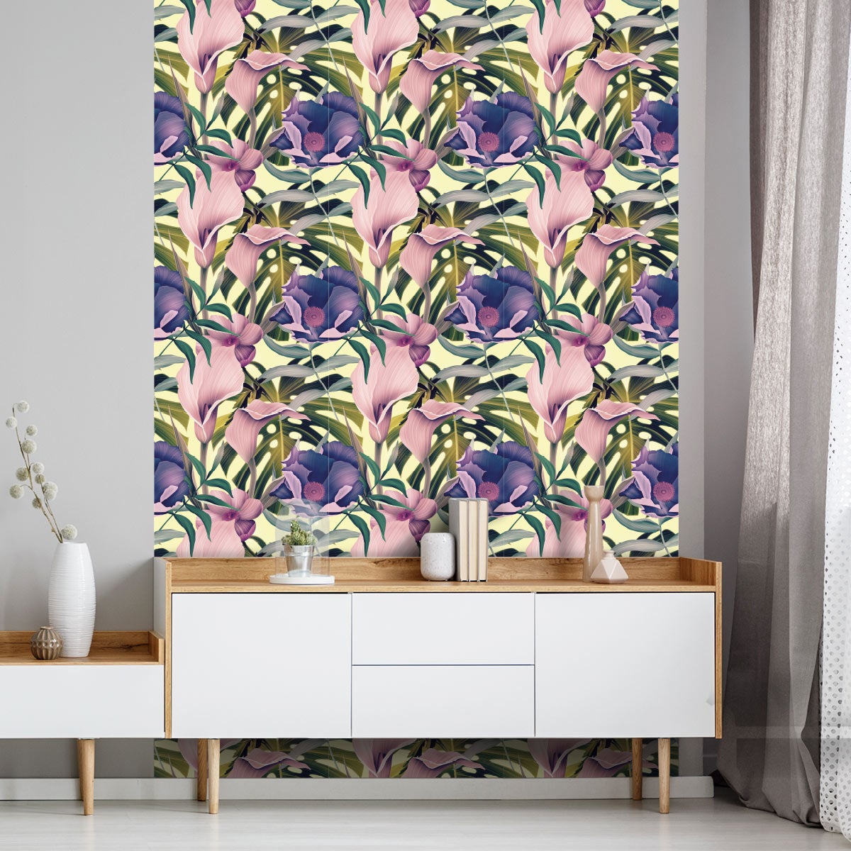 Papel pintado prepegado tropical flores rosadas y moradas H300 x L60 cm ...