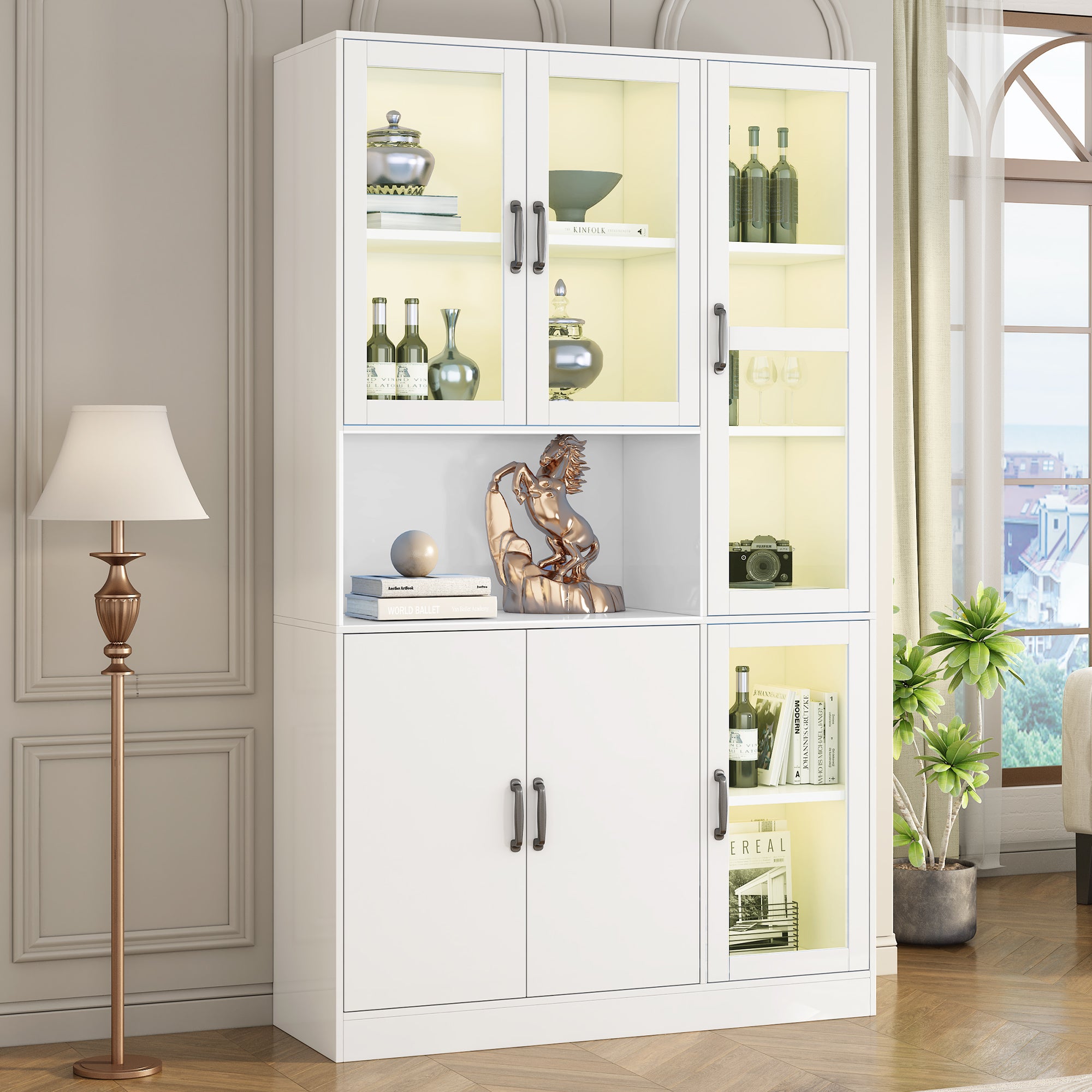 Vitrine avec éclairage LED - étagères avec 6 portes - H 200cm - Blanc ...
