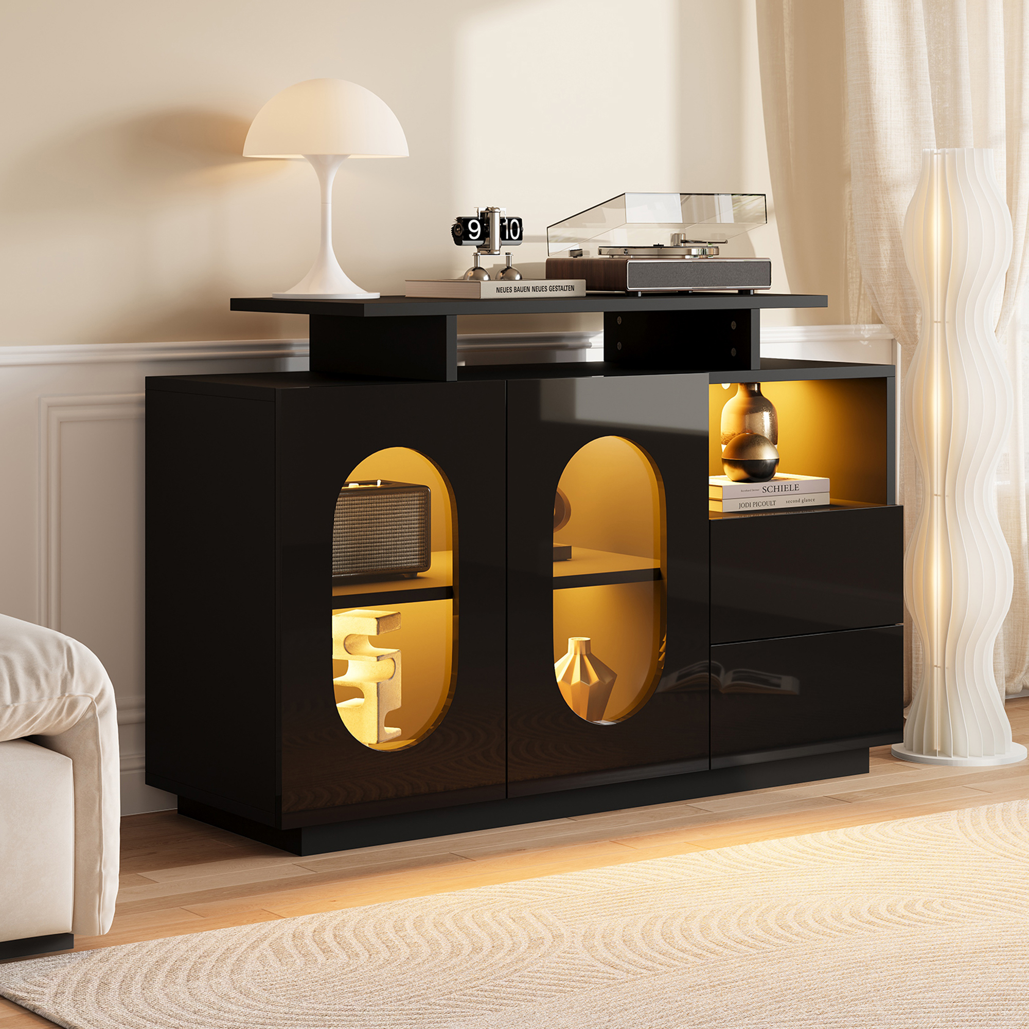 Credenza LED Nera con Ante Ovali in Vetro – Design Moderno e Spazio di ...