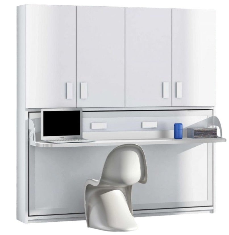 Lit escamotable 140x190 P 53cm blanc satiné avec étagères et bureau ...