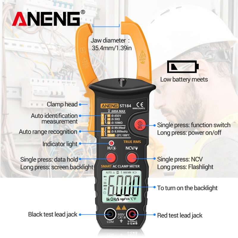 True RMS Digital Multimeter Clamp Meter, détecteur de tension DC/AC ...