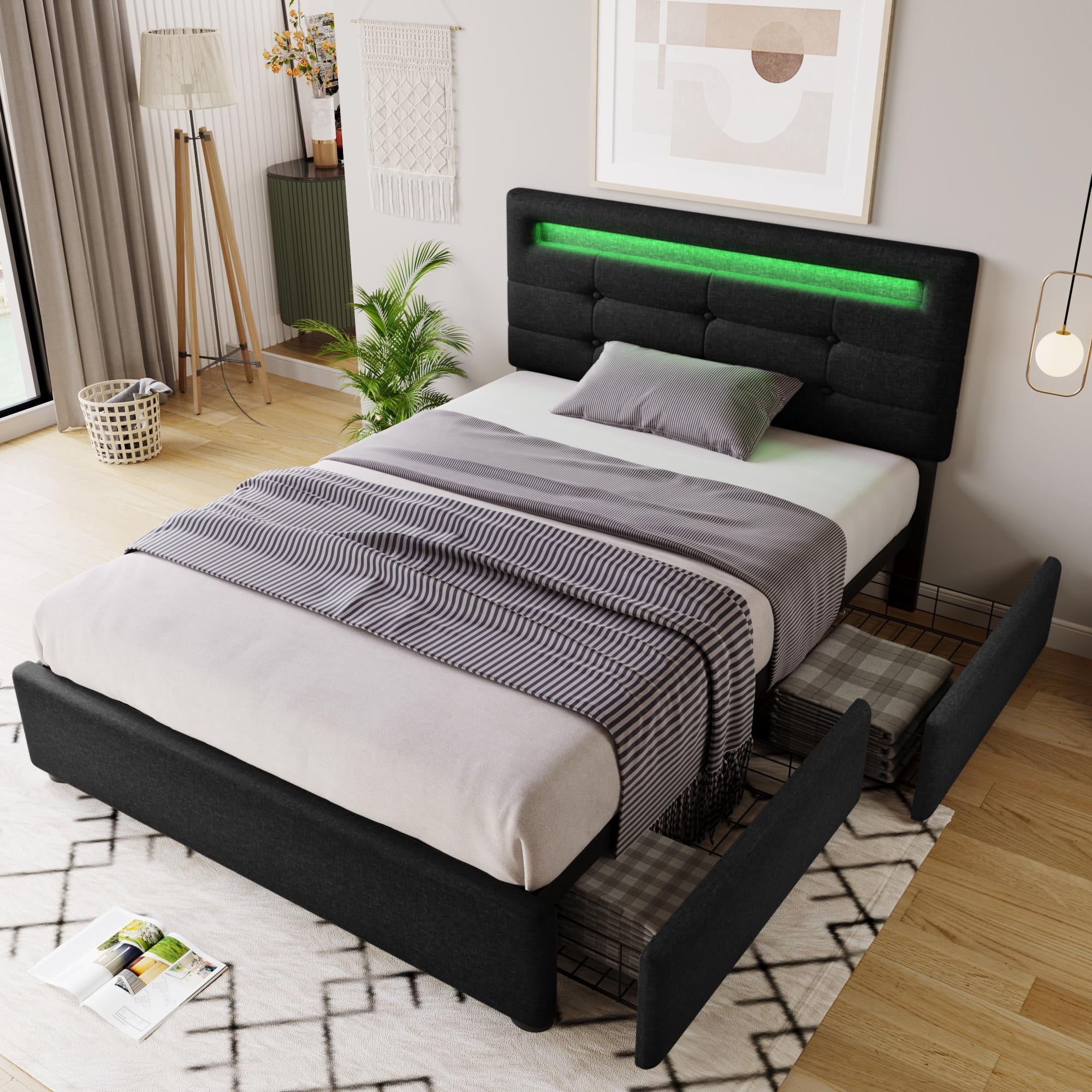 Estructura de cama 90 x 200 cm - Cama con LED, 2 cajones, cabecero ...