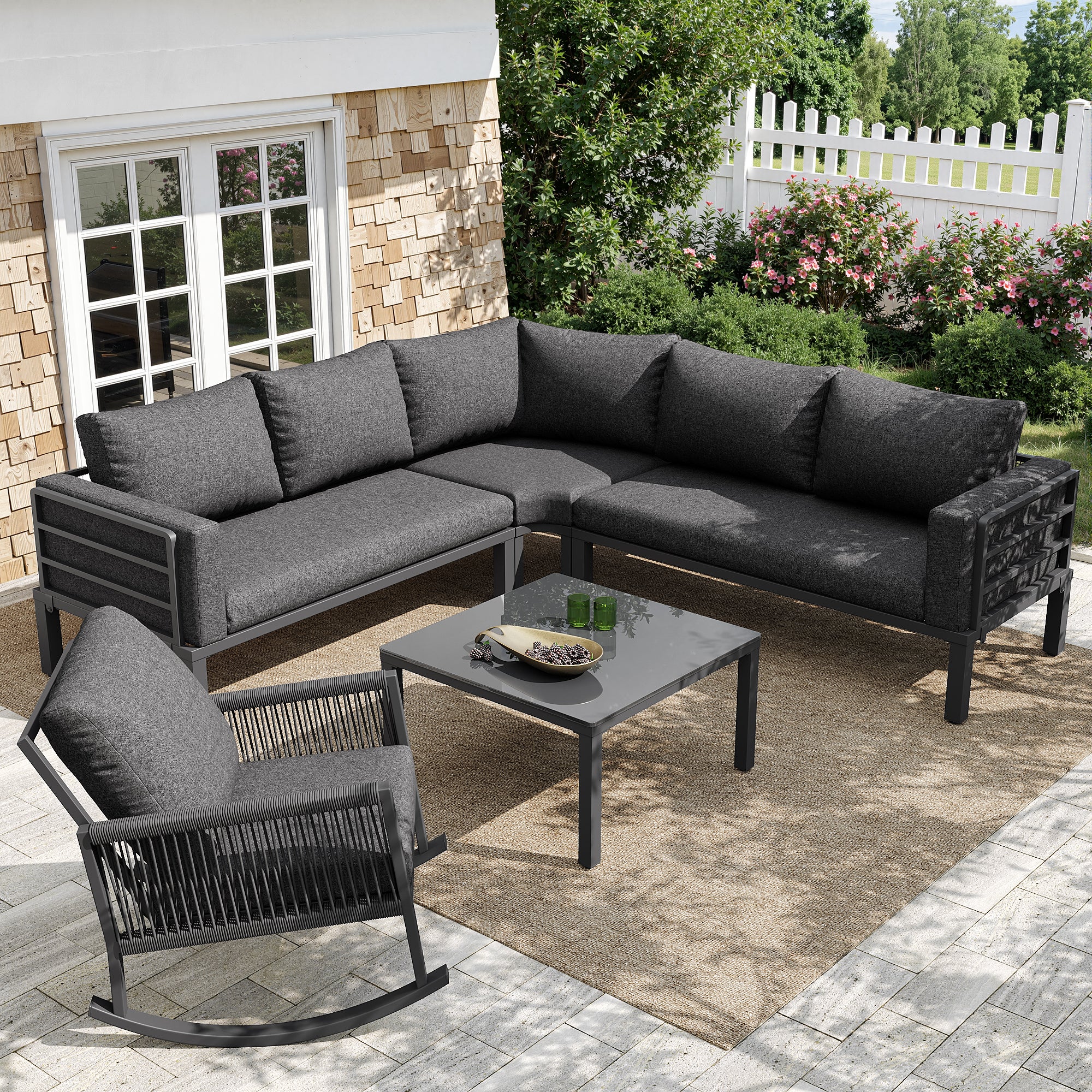 Salon de jardin 6 personnes: 1 fauteuil à bascule, 3 canapés, table ...