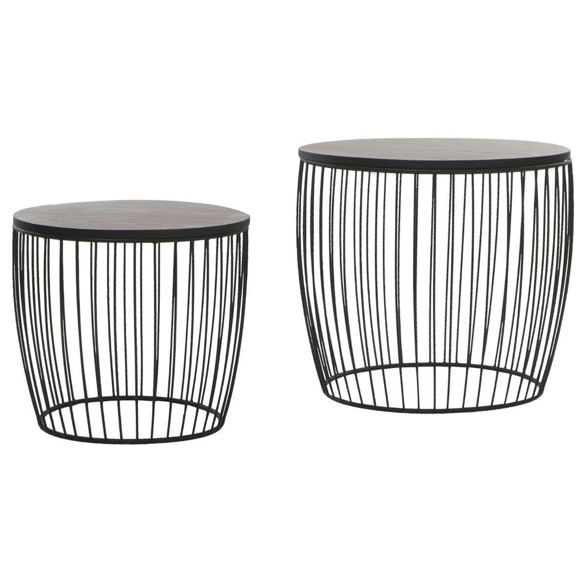 Lot de 2 tables d'appoint en métal fil noir et plateau bois amovible ...