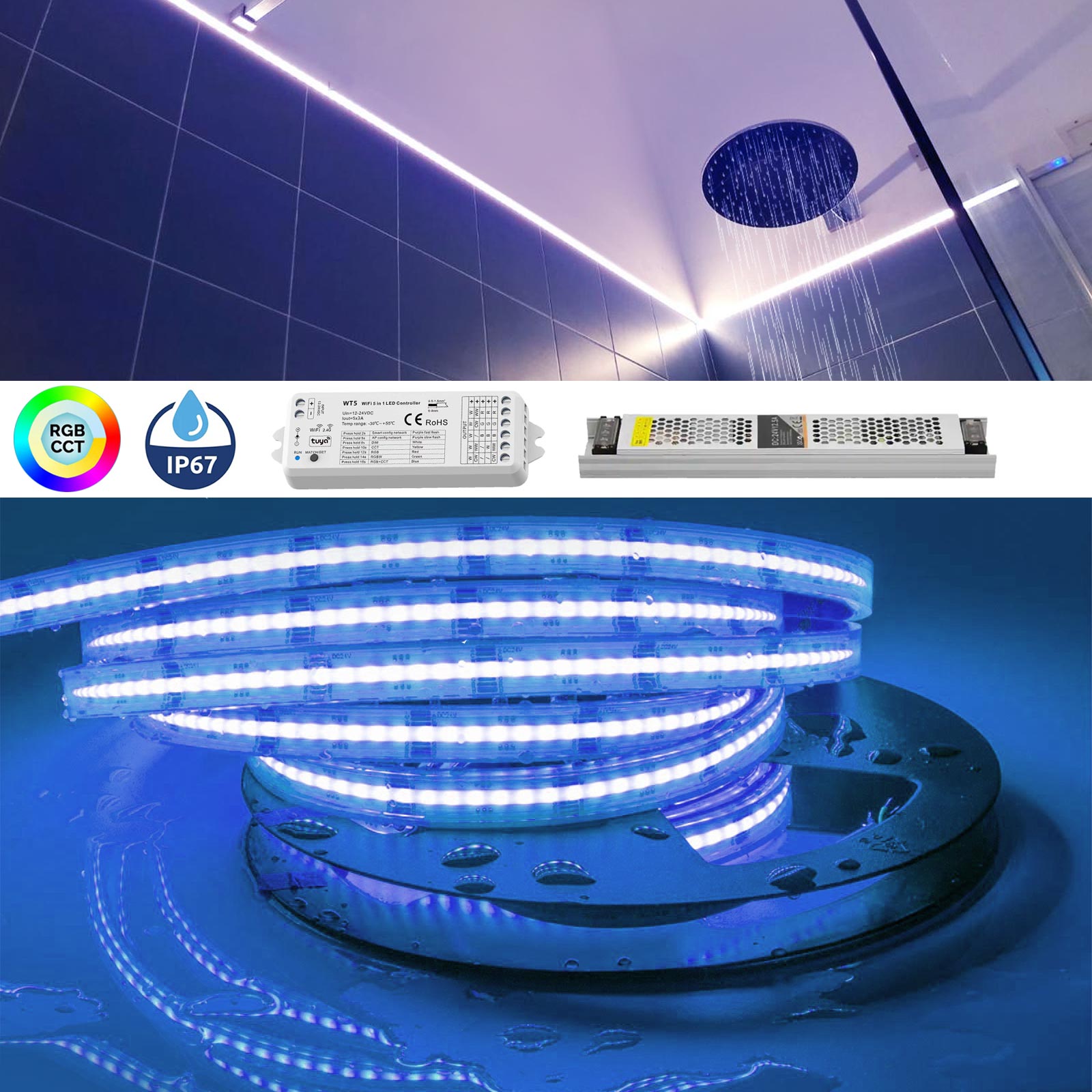 SMART KIT IP67 cabine de douche chromothérapie LED RGB CCT de 3000K à ...