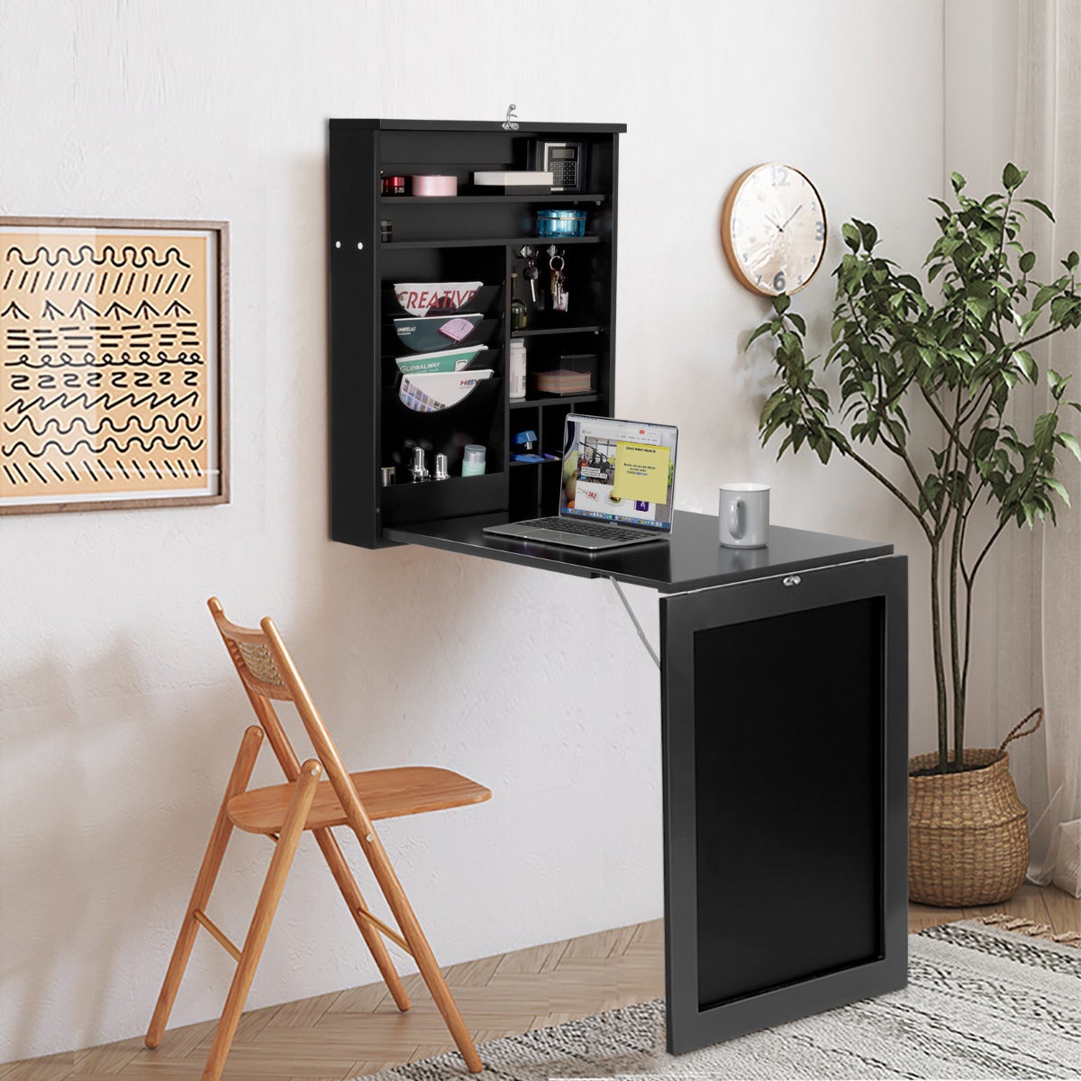 Bureau Mural Rabattable 60 x 15 x 76 cm Noir avec Compartiments CW88030 ...