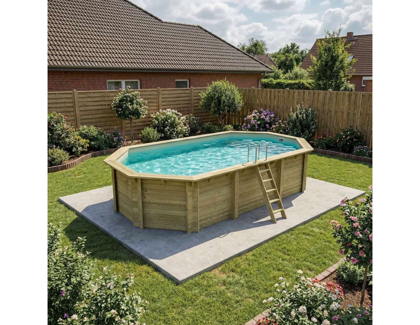 Piscina de madera de madera NEMO 7.3 x 3.97 – H.1.45 m, arena, sobre ...