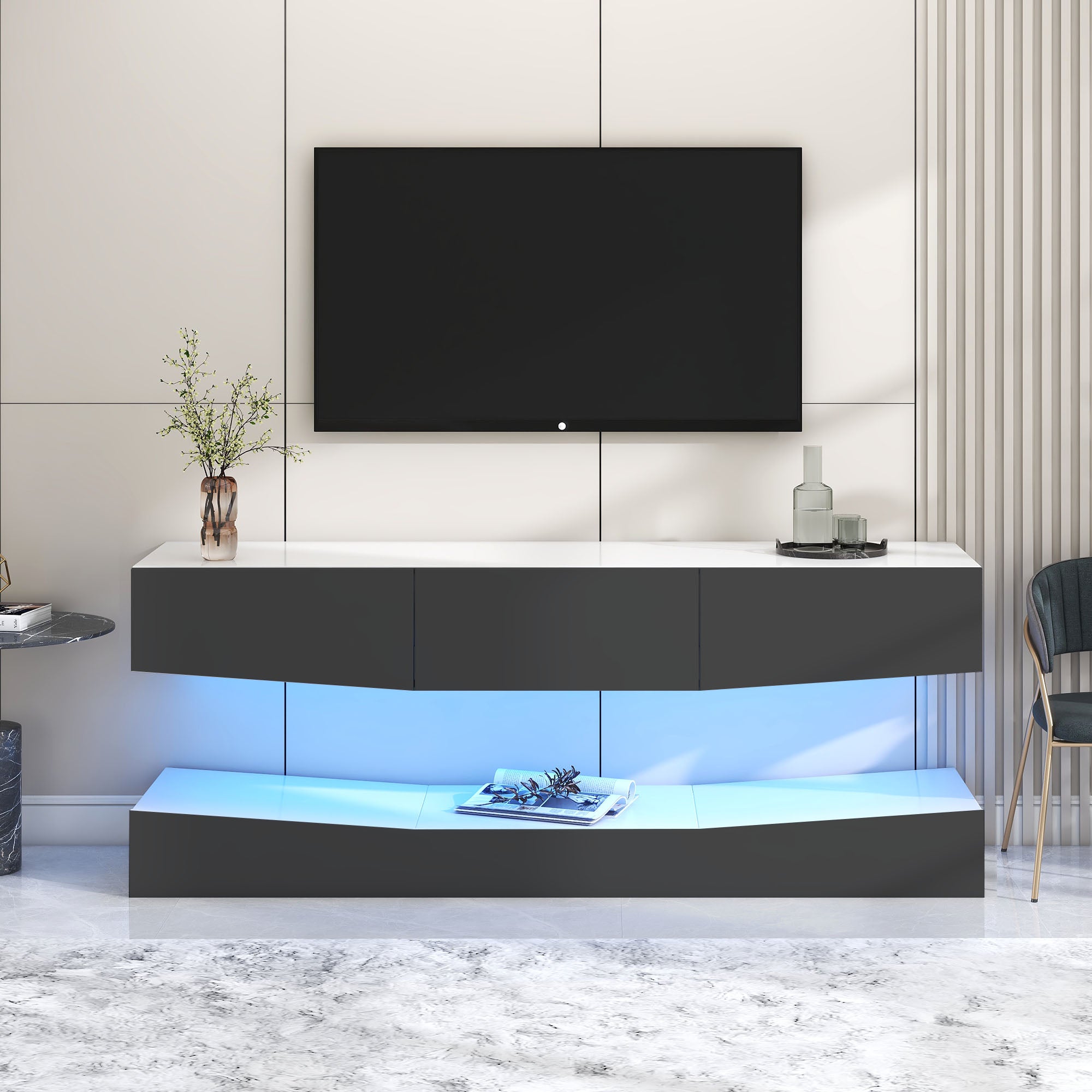 Meuble TV suspendu avec 3 portes - LEDs - plateaux en motif marbre ...