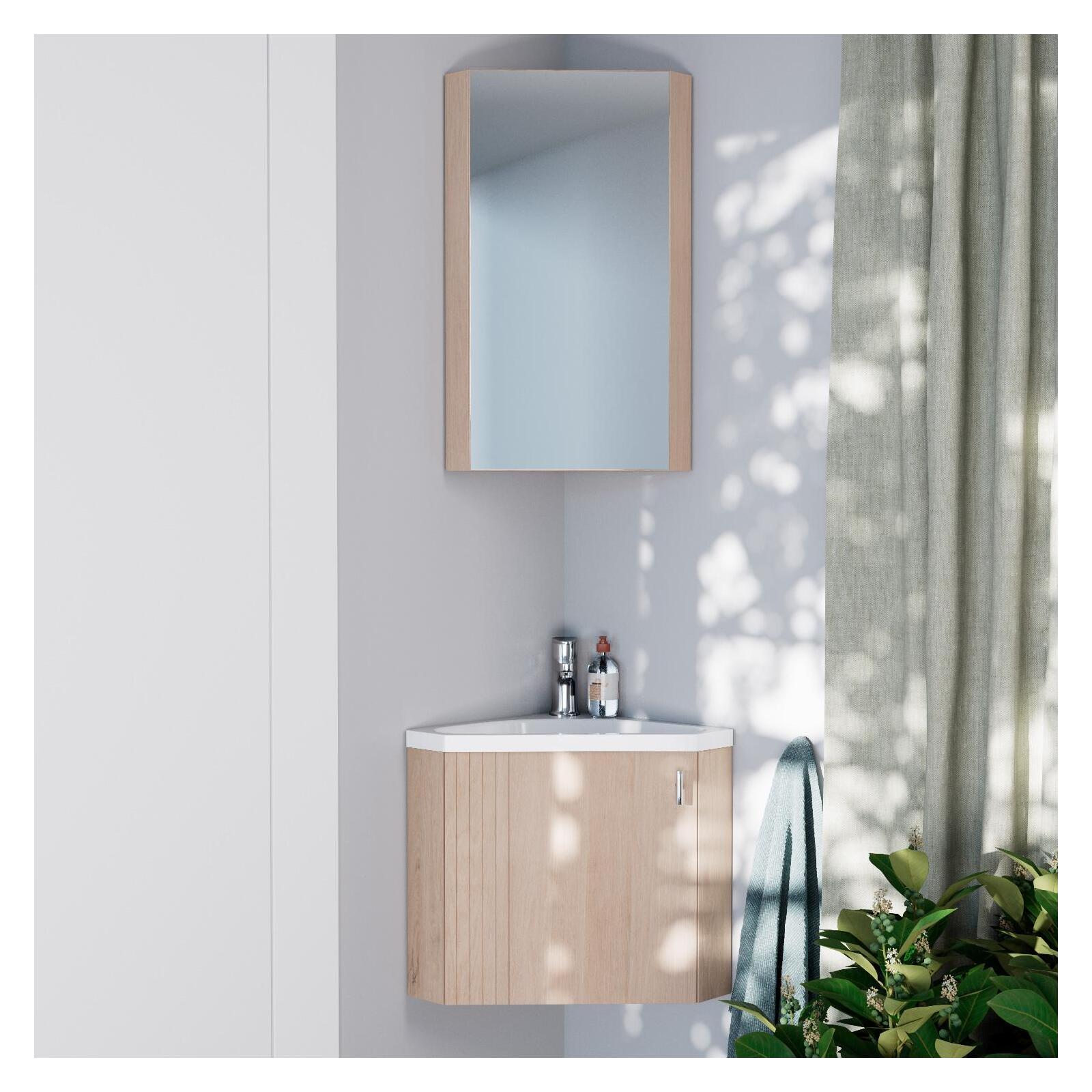 Meuble lave-mains d'angle décor chêne KODA + robinet + armoire miroir ...
