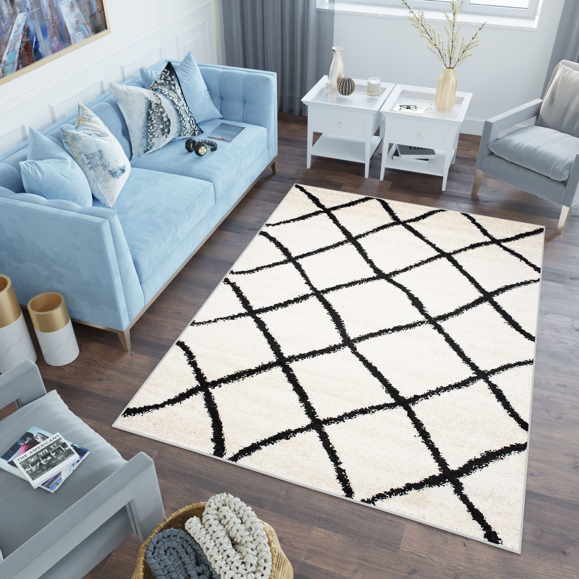 TAPISO Delhi Tapis de Salon Chambre Crème Noir Losanges Moelleux Shaggy ... TAPISO Delhi Tapis de Salon Chambre Crème Noir Losanges Moelleux Shaggy ...