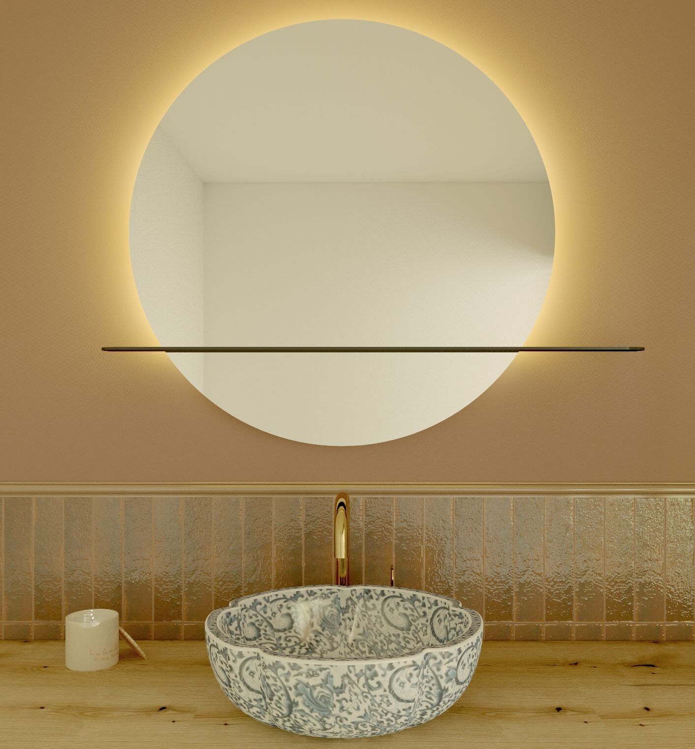Round Shelf Line miroir avec LED, sans cadre avec étagère en aluminium ...