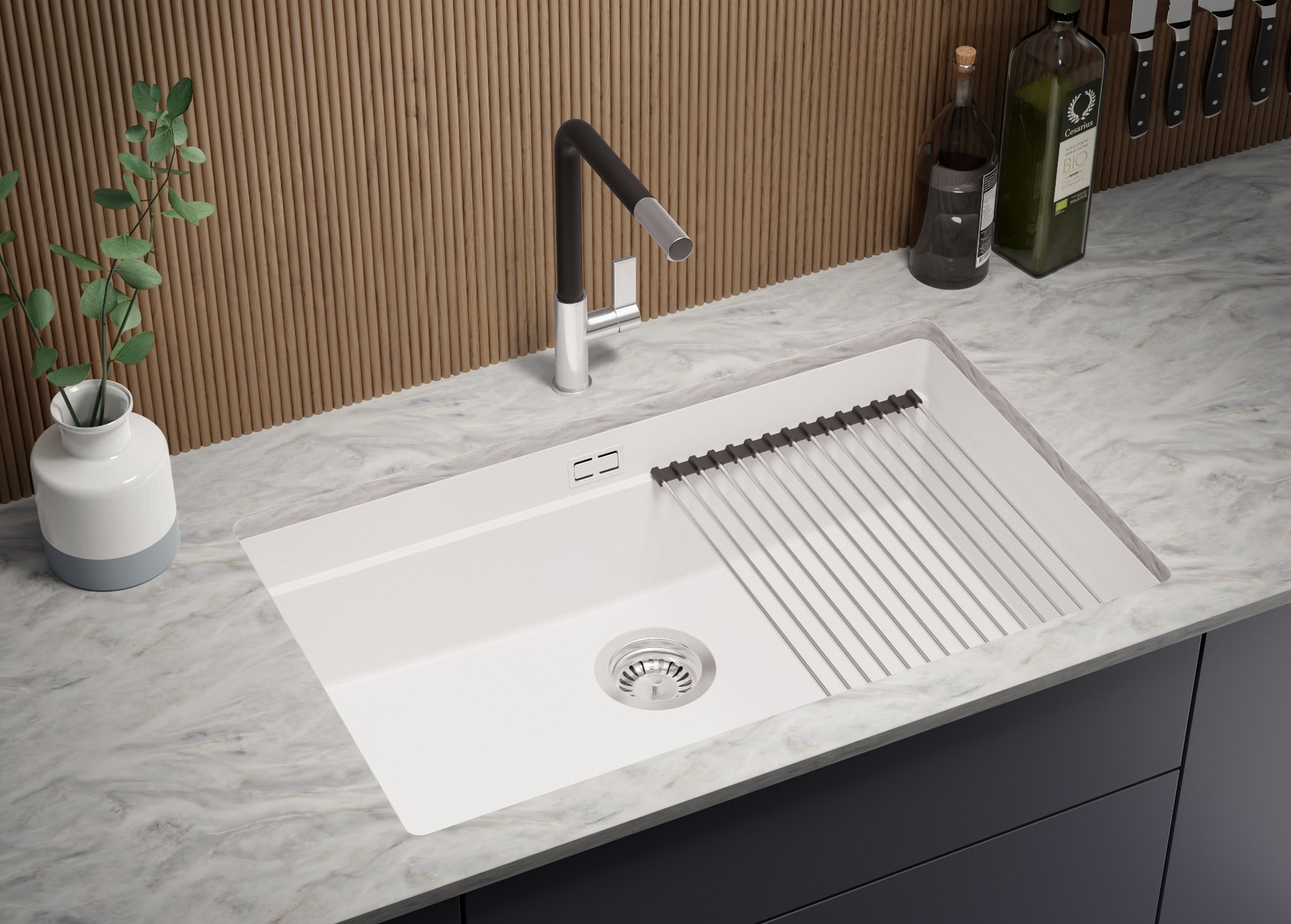 Evier Sous Plan Blanc 76x47cm, Evier en Granit 1 bac + Kit de Vidage ...